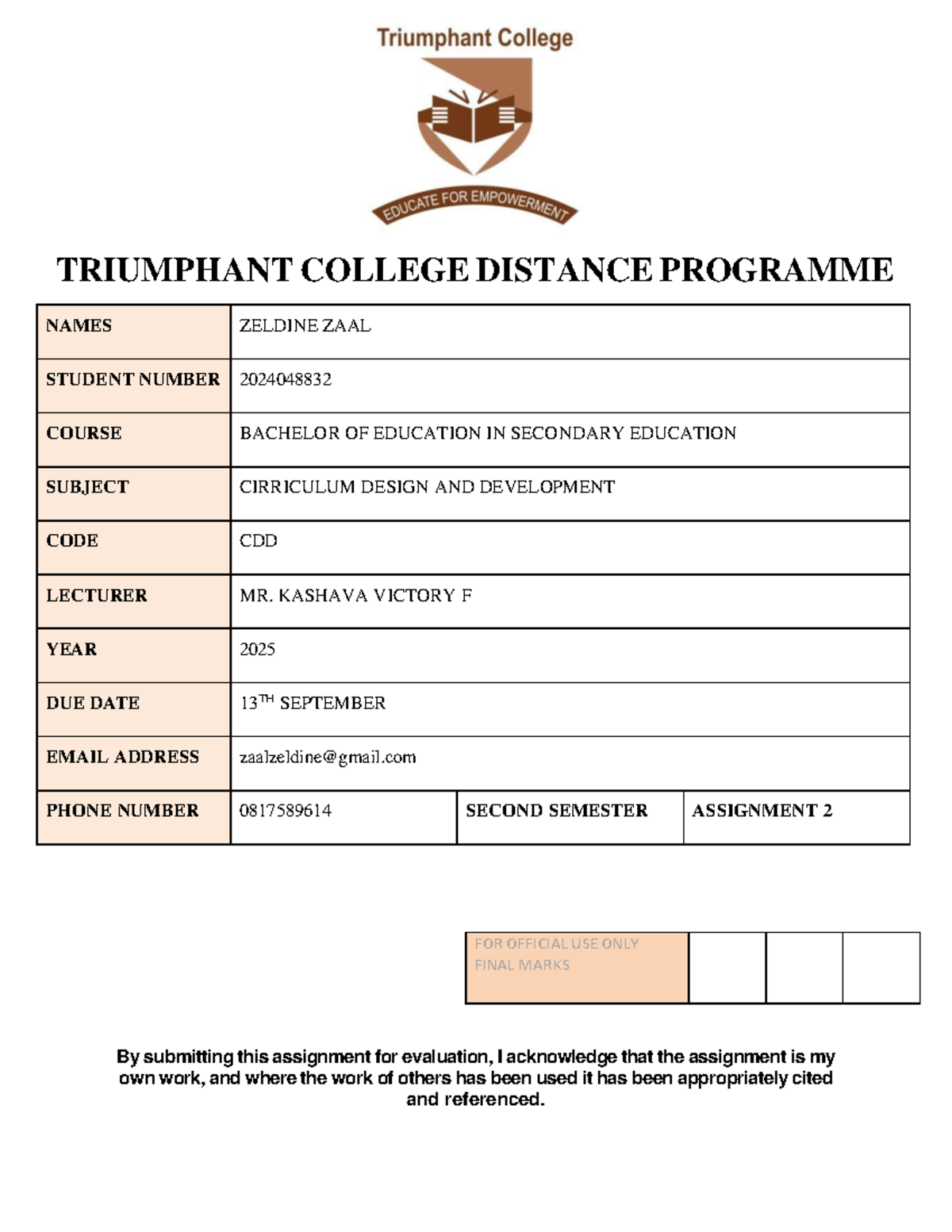Final Assignment 2: Curriculum Design & Development (EDD CDD) - Studocu