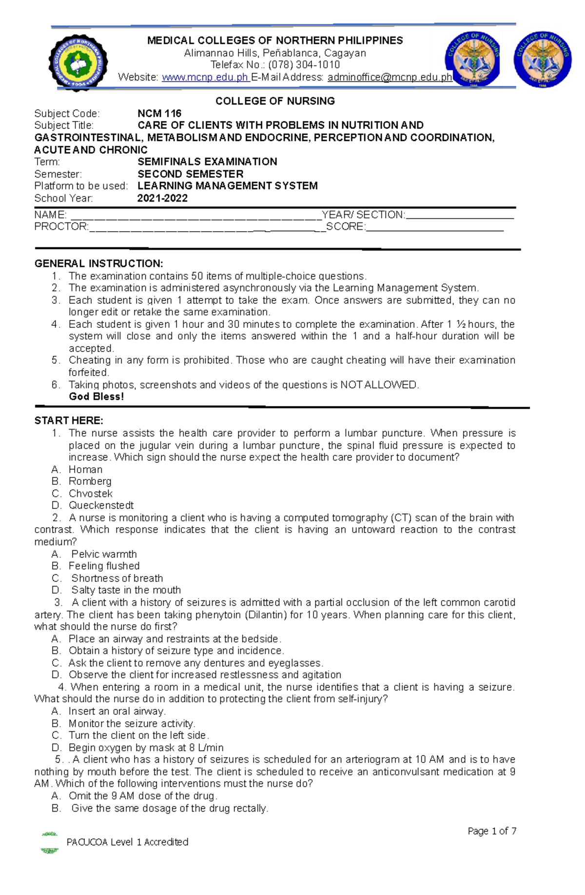 NCM 116 SEMI - Finals for 3rd year - MEDICAL COLLEGES OF NORTHERN ...