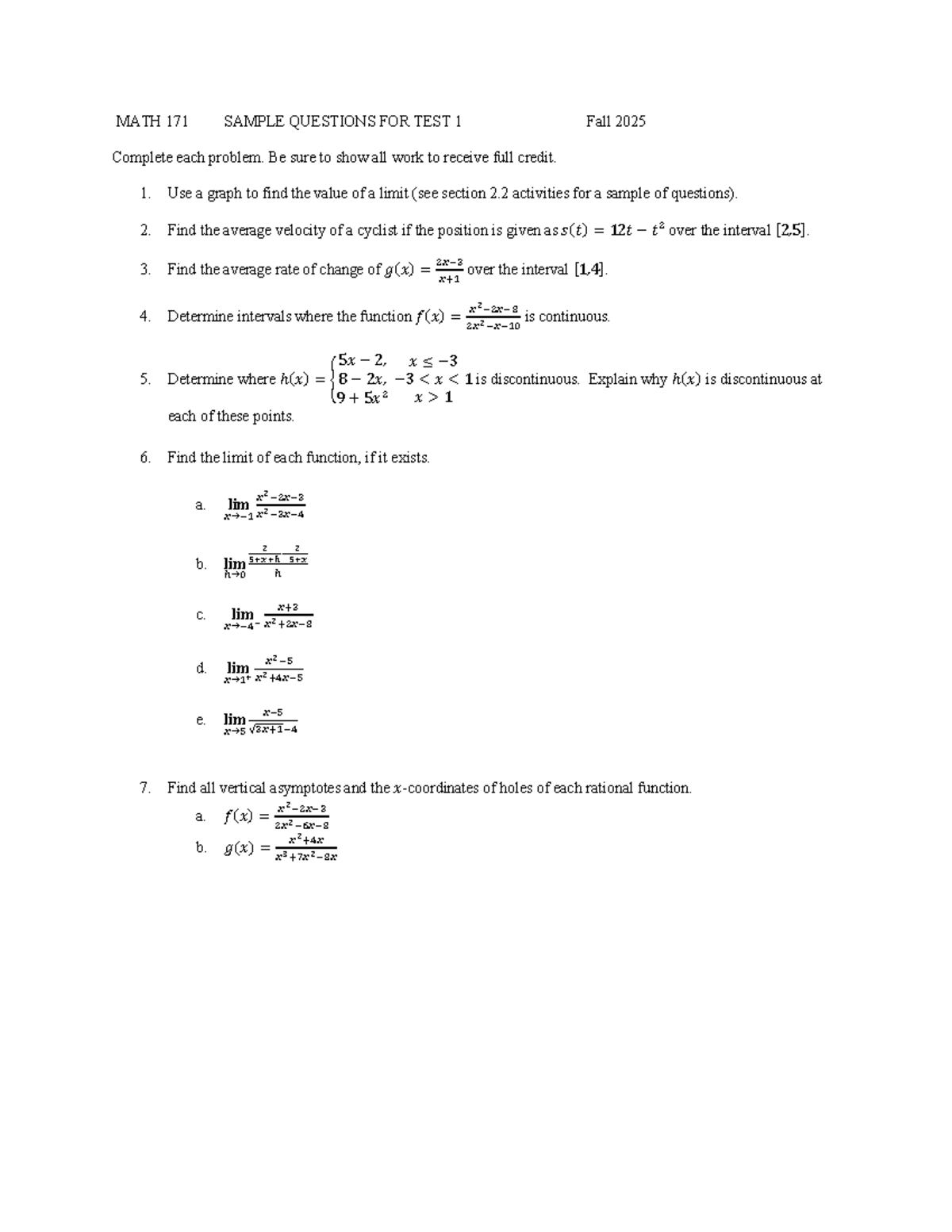 MATH 171 Test 1 Sample Questions - Fall 2025 - Studocu
