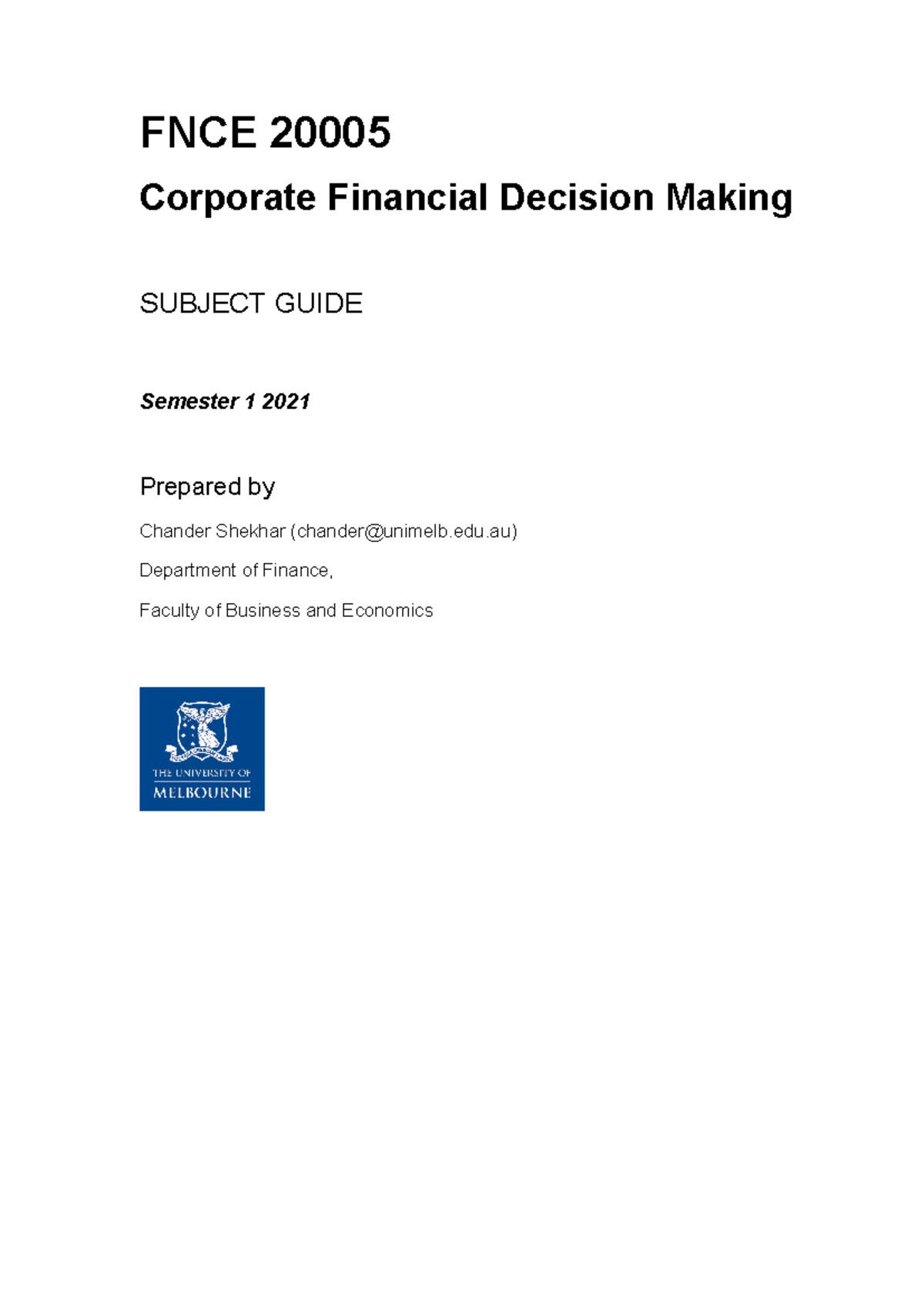 Subject Guide FNCE 20005 - FNCE 20005 Corporate Financial Decision ...