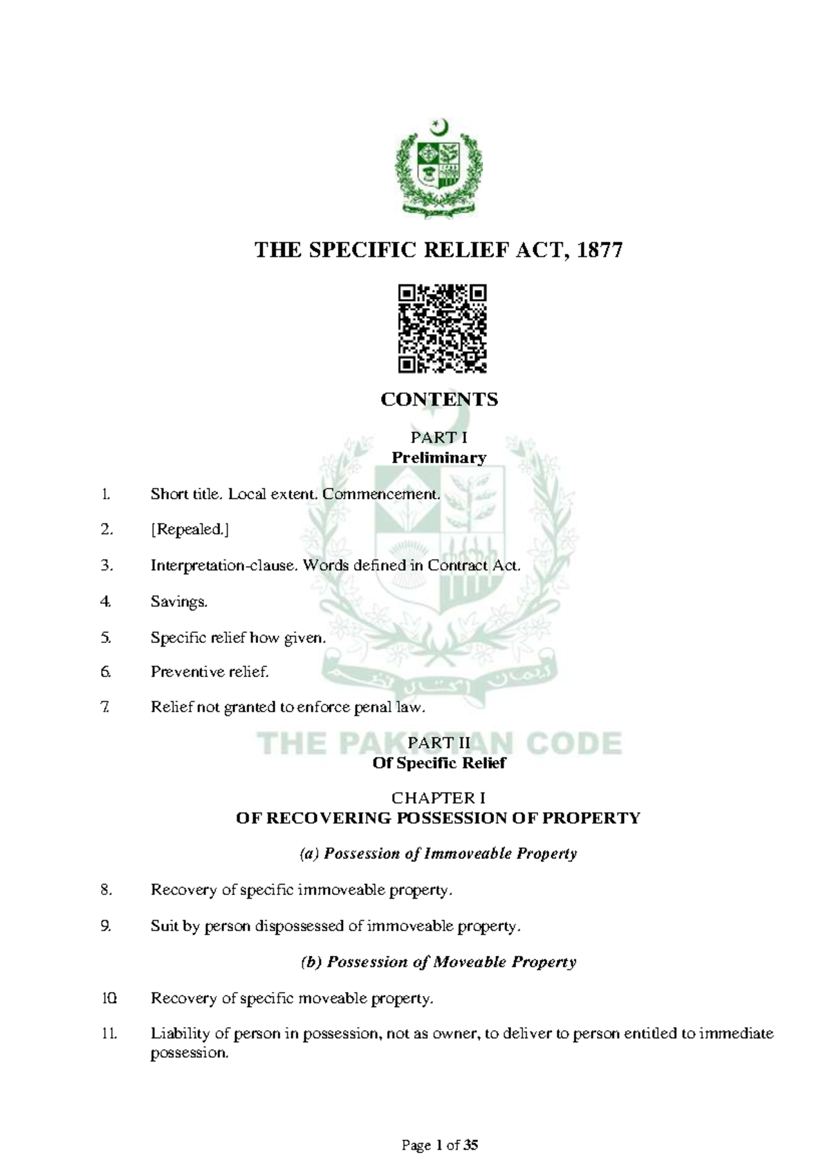 Specific Relief Act 1877 - THE SPECIFIC RELIEF ACT, 1877 CONTENTS PART ...