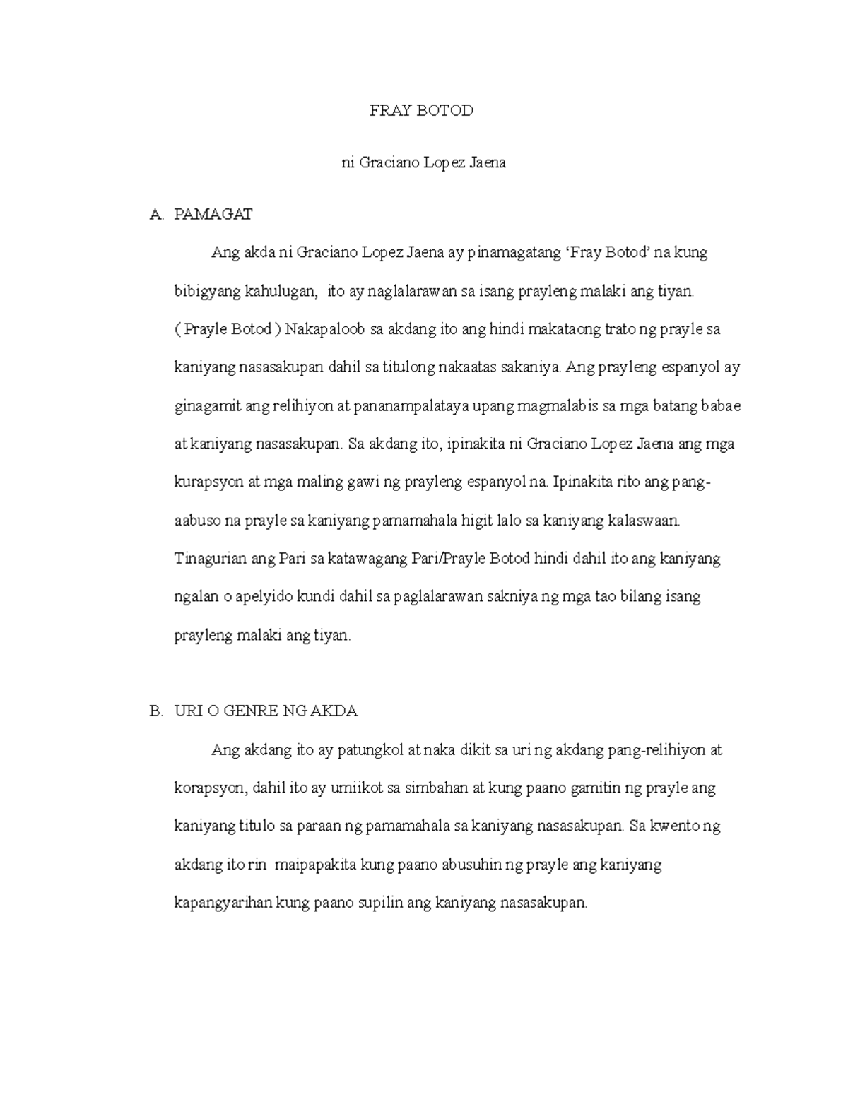 FRAY Botod (G. Lopez Jaena) - Analisis at Buod ng Akda - Studocu