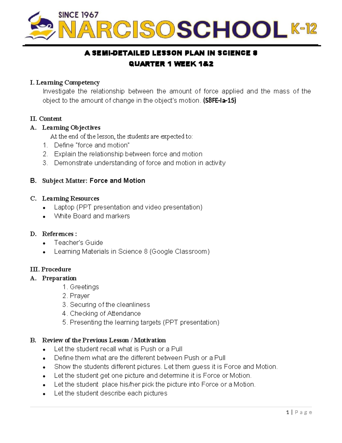Science 8 Lesson Plan: Force, Mass, and Motion (1st Qtr, Week 1) - Studocu