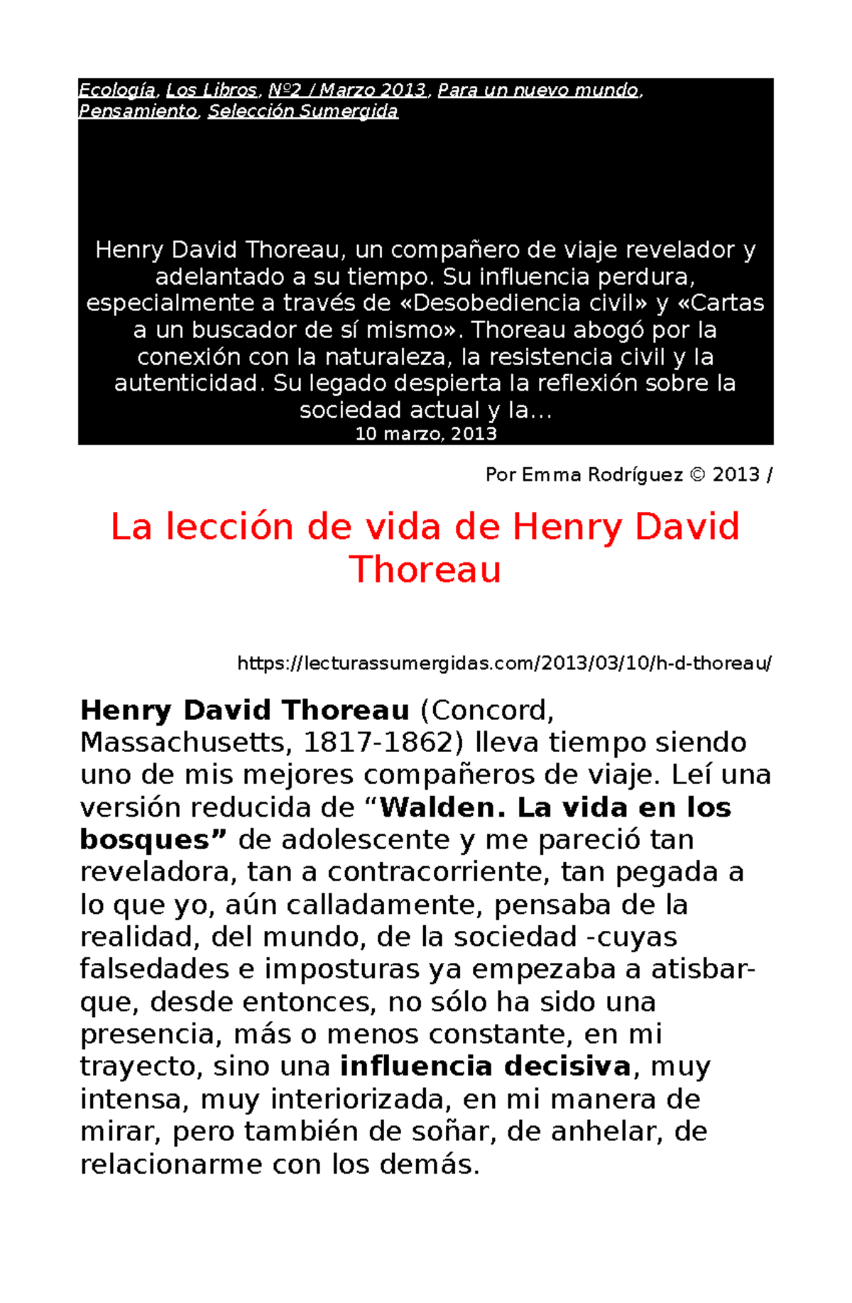 La lección de vida de Henry David Thoreau: Reflexiones y Legado - Studocu