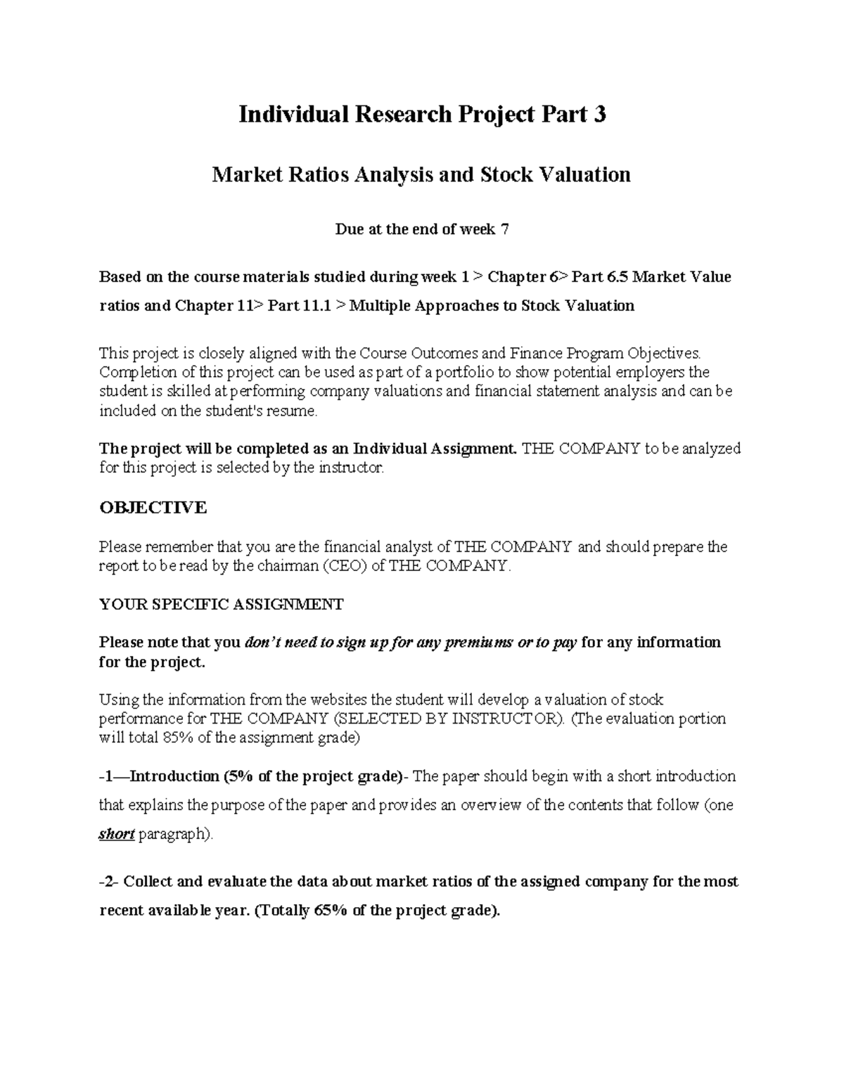 Individual Research Project Stage 3: Market Ratios & Stock Valuation ...