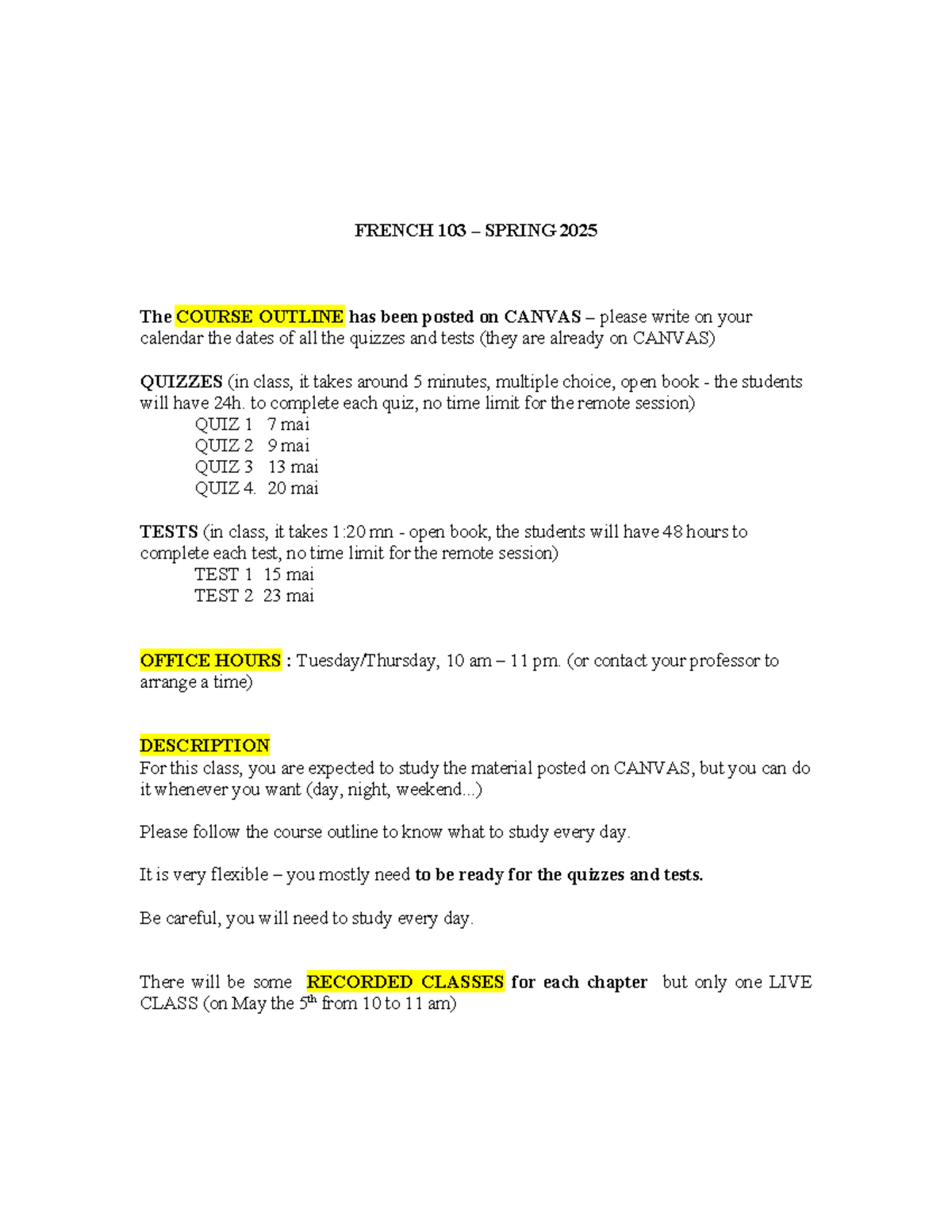 FRENCH 103 SPRING 2025 Quiz and Test Schedule Overview - Studocu