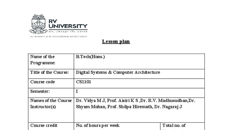Lesson Plan for Digital Systems & Computer Architecture (CS1101) - Studocu