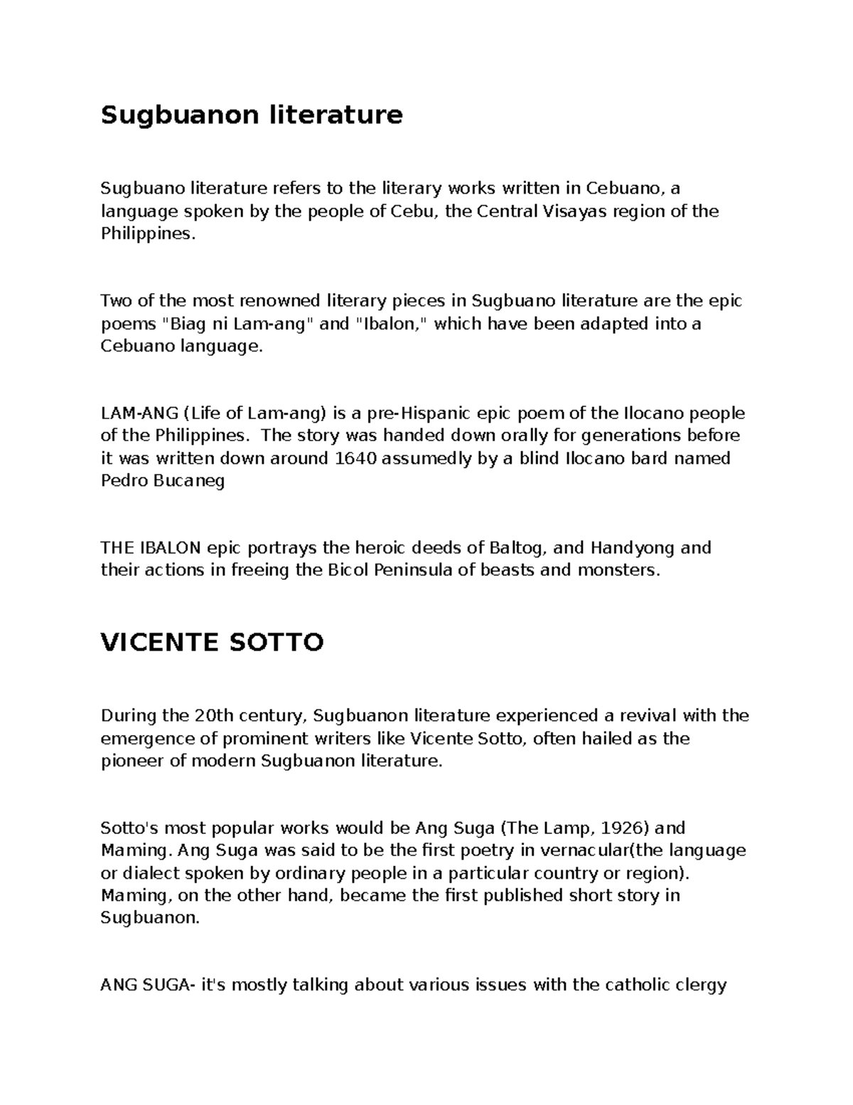 Sugbuanon Literature Overview - 2nd Sem Summary - Studocu