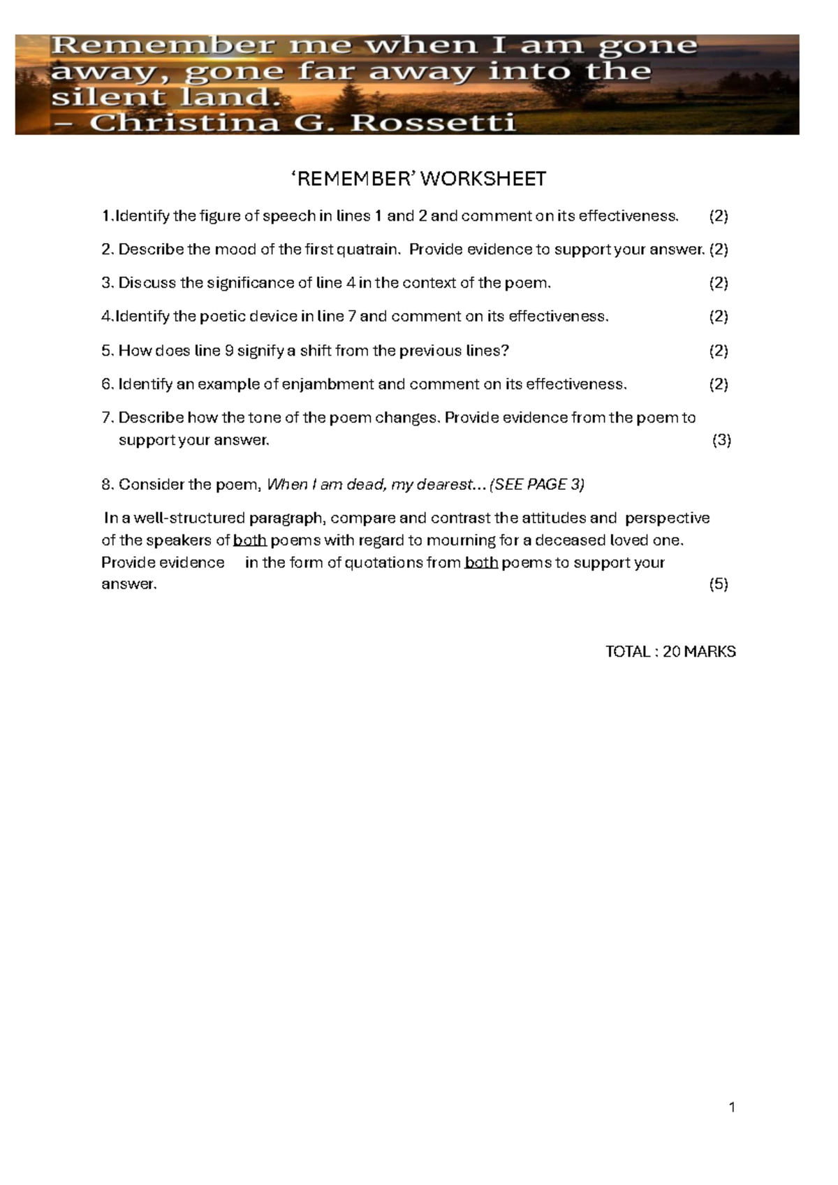 ENG101 - Remember Poem Analysis Worksheet - Studocu