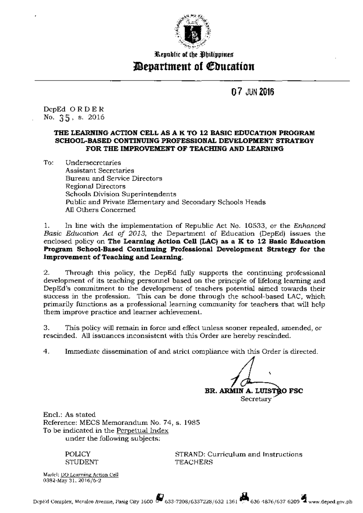 DepEd Order 035 s. 2016: Implementing Learning Action Cells (LAC) - Studocu