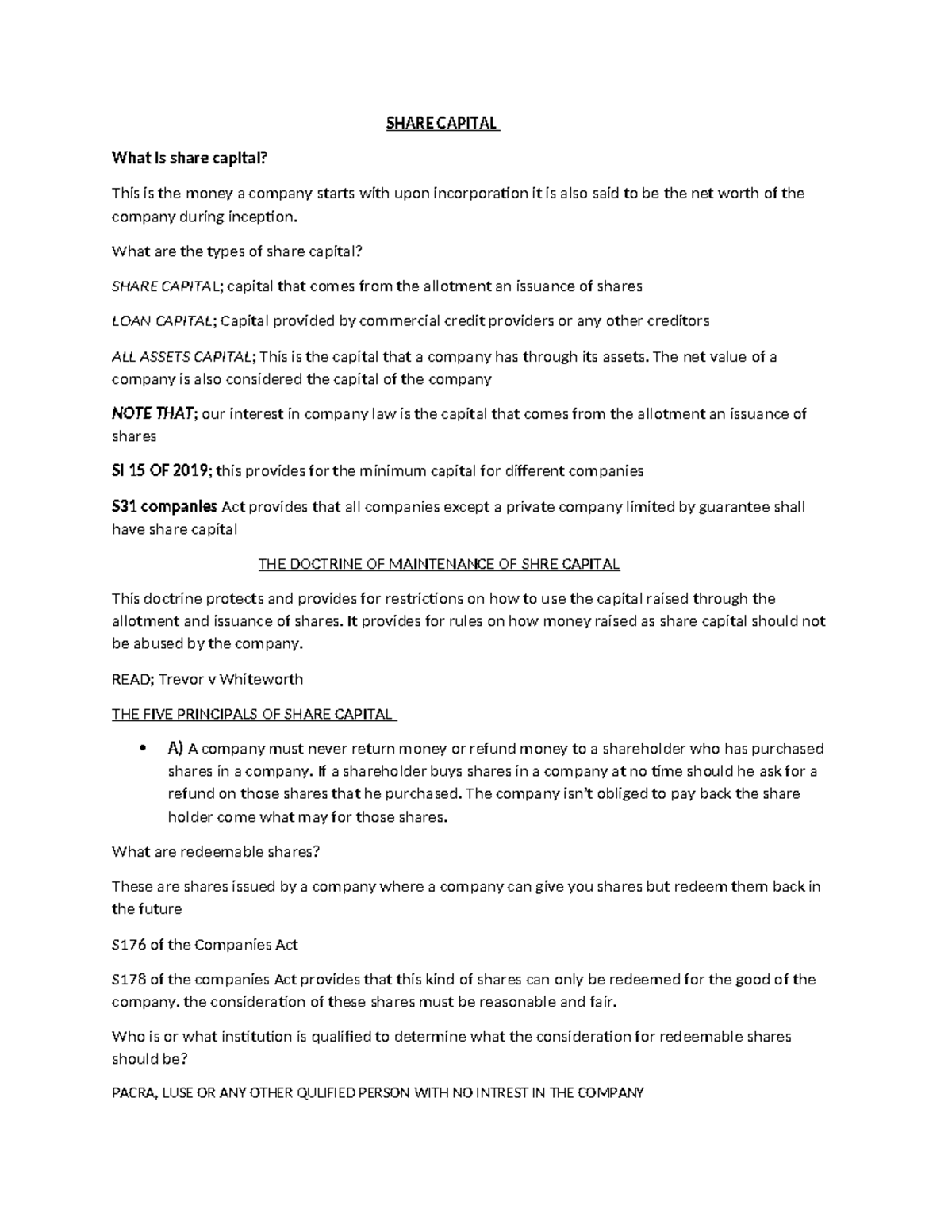 SHARE CAPITAL: Understanding Types and Principles in Company Law - Studocu
