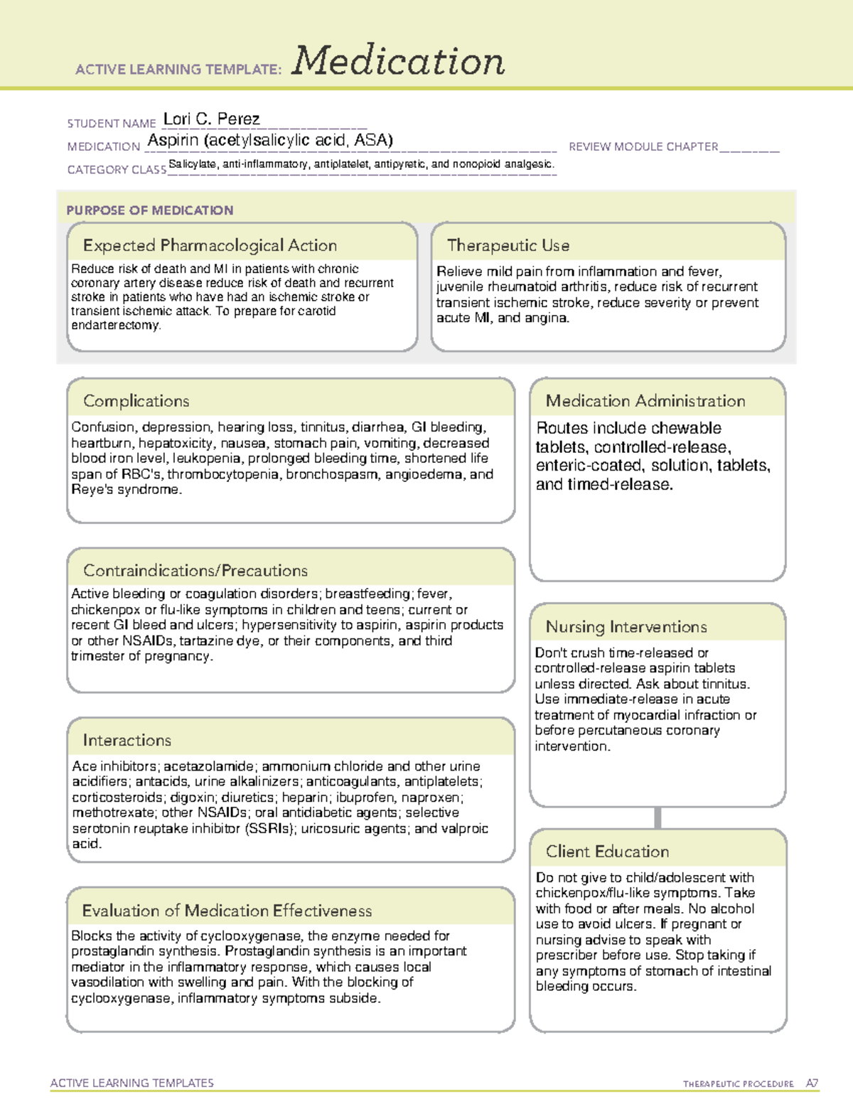 Med Card - Aspirin - Completed template - ACTIVE LEARNING TEMPLATES ...