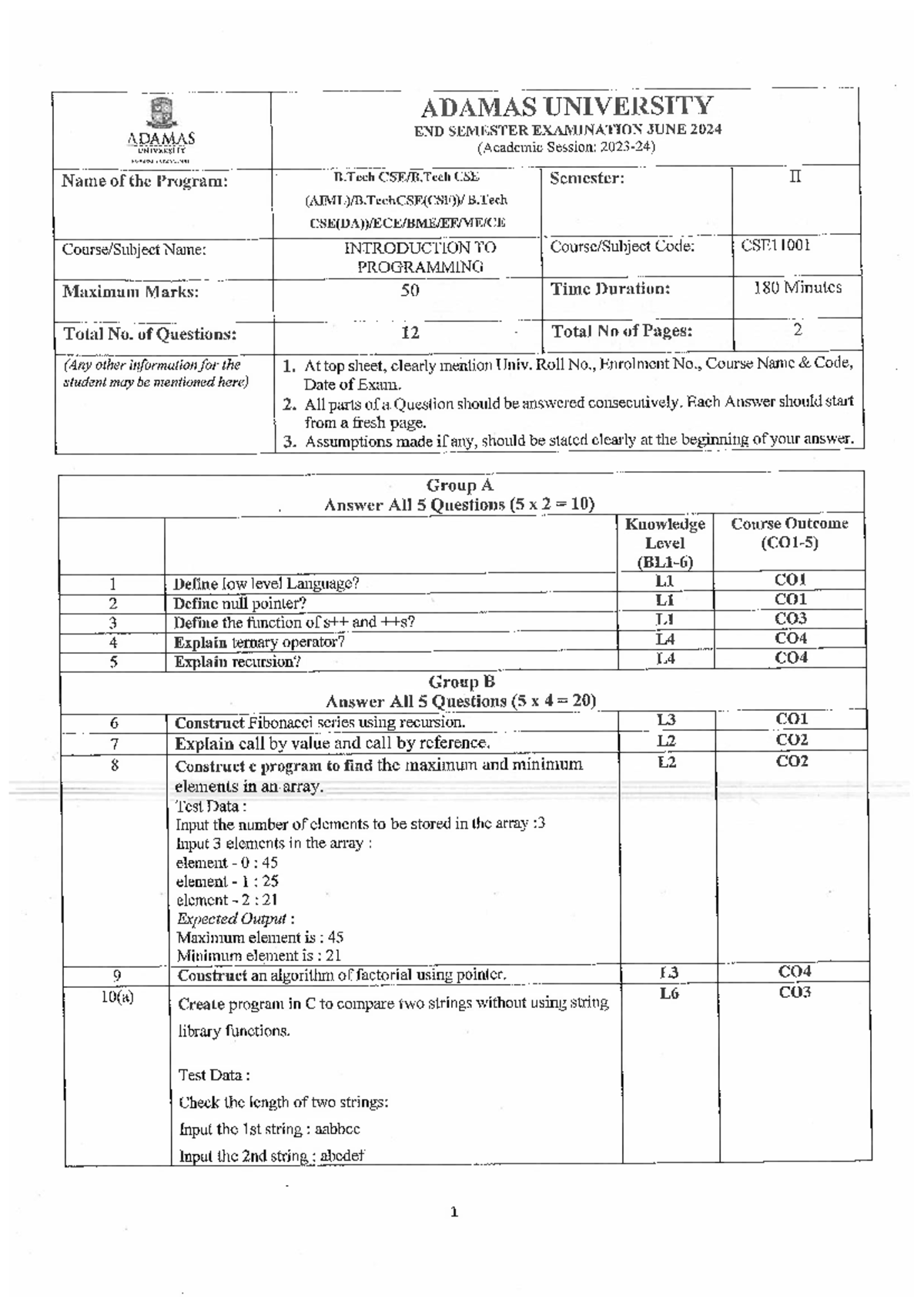 June 2024 - PYQ - CSE11001 Introduction to Programming Exam Guide - Studocu