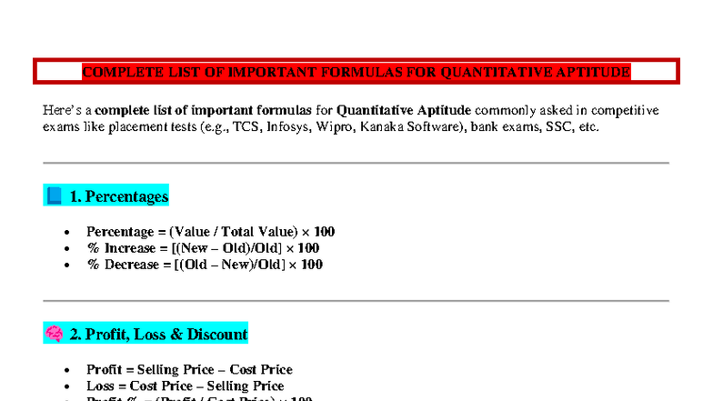 COMPLETE FORMULAS FOR QUANTITATIVE APTITUDE (QA) - Studocu