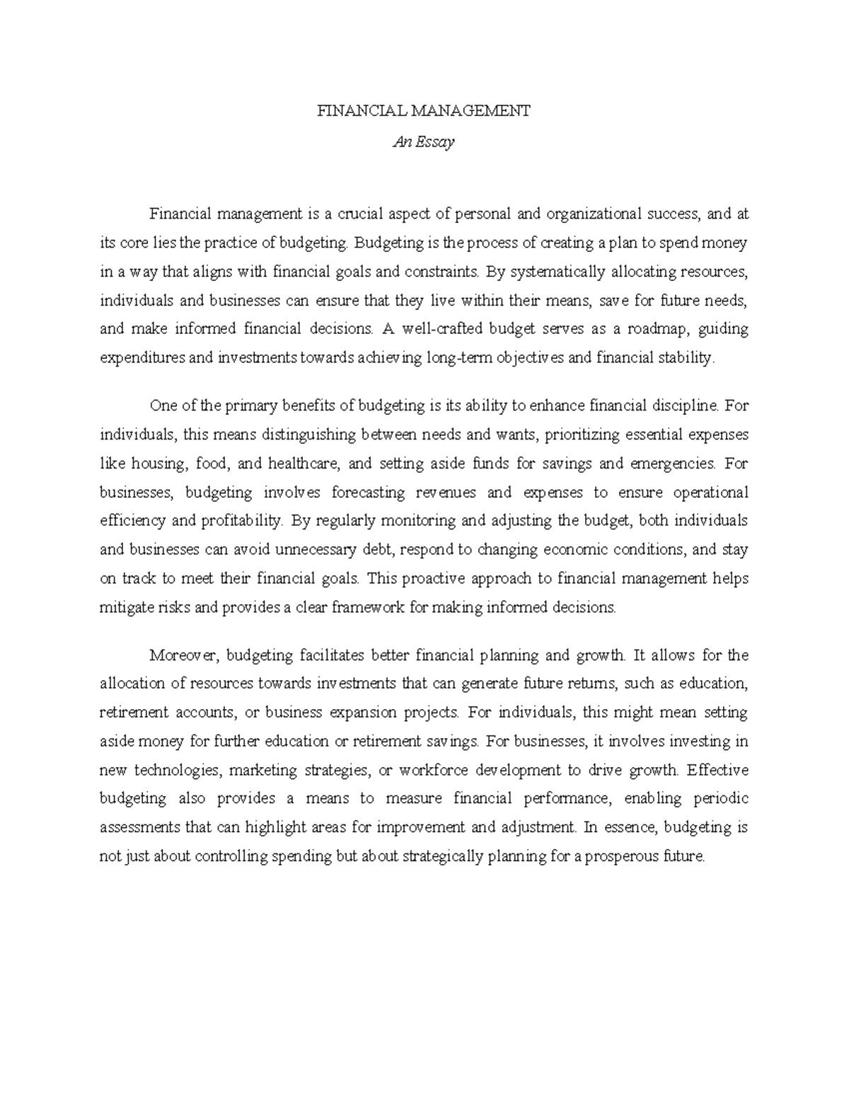 Financial Management - Essay on Budgeting Principles and Practices ...