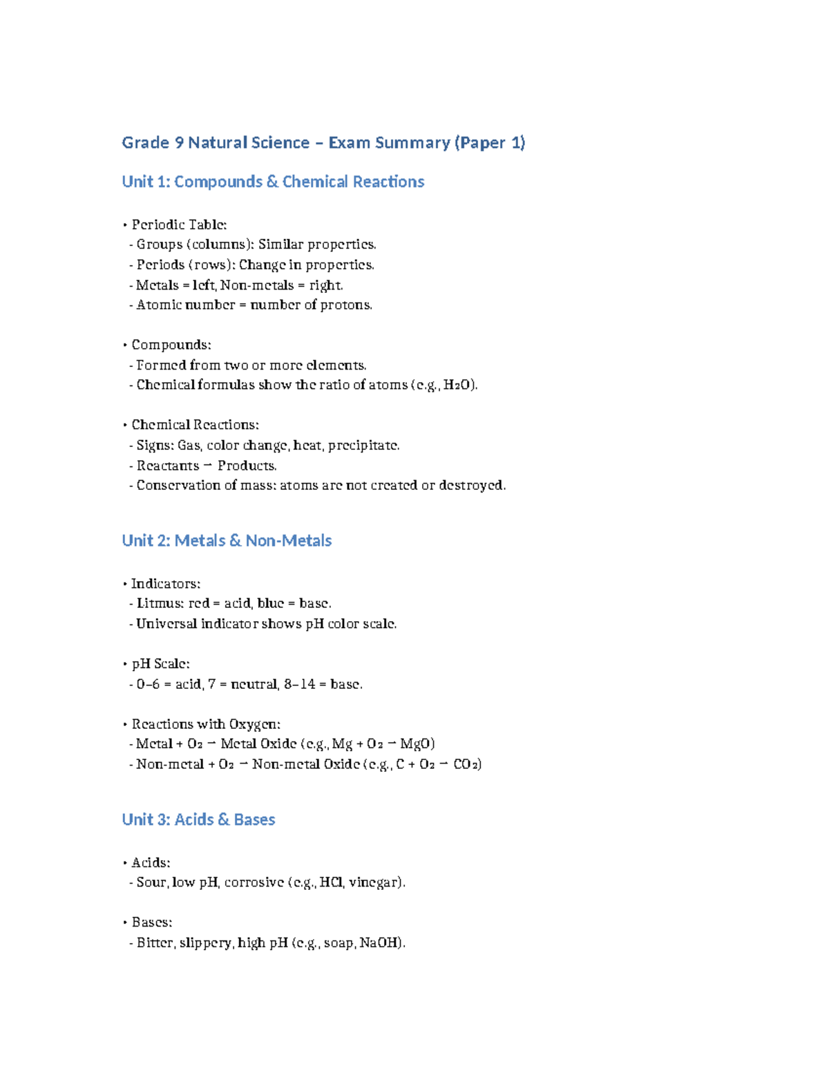 Grade 9 Natural Science Exam Summary: Compounds & Reactions - Studocu