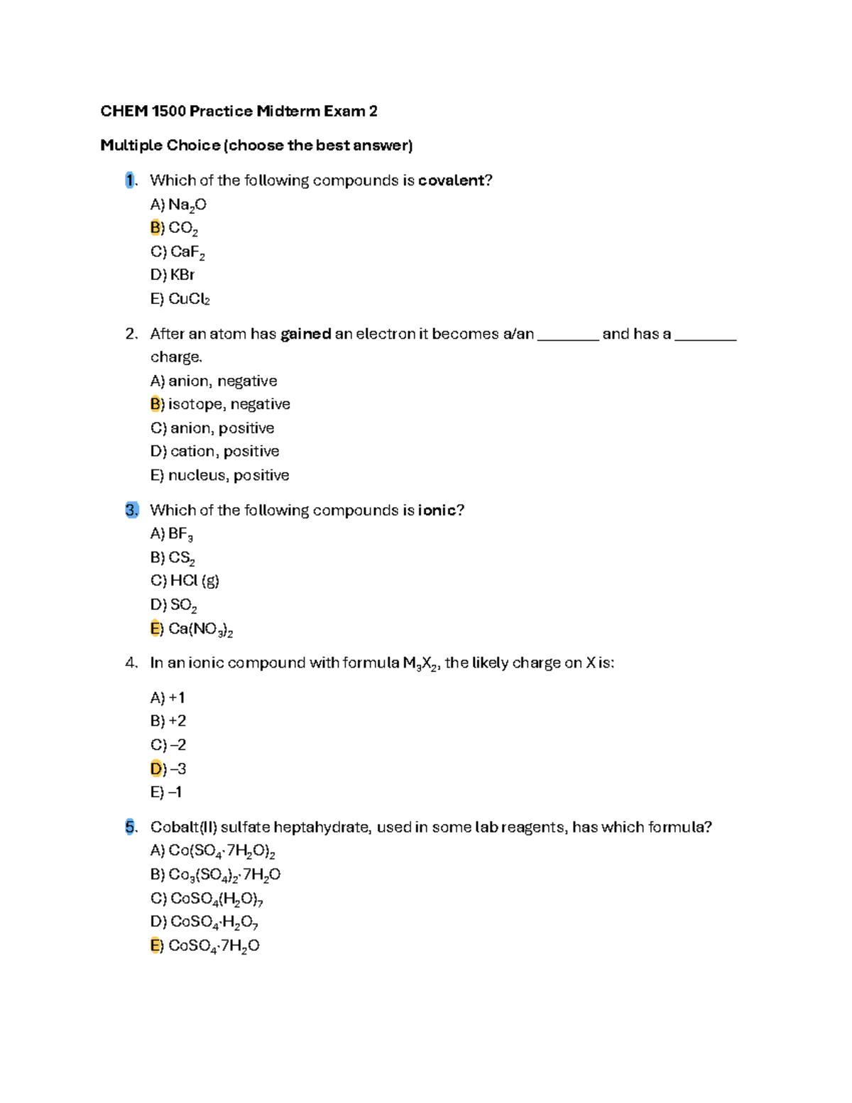 CHEM 1500 Practice Midterm Exam 2: Key Concepts & Problems - Studocu