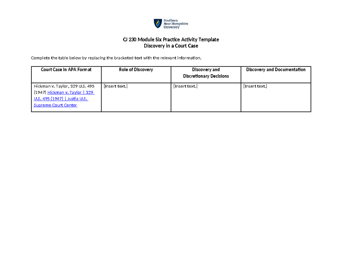 CJ 230 Module Six Practice Activity - CJ 230 - Court Case in APA Format ...