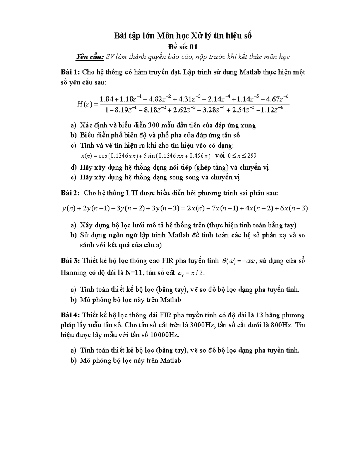 Bài tập lớn Xử lý tín hiệu số - Đề số 01 (BTL 001) - Studocu