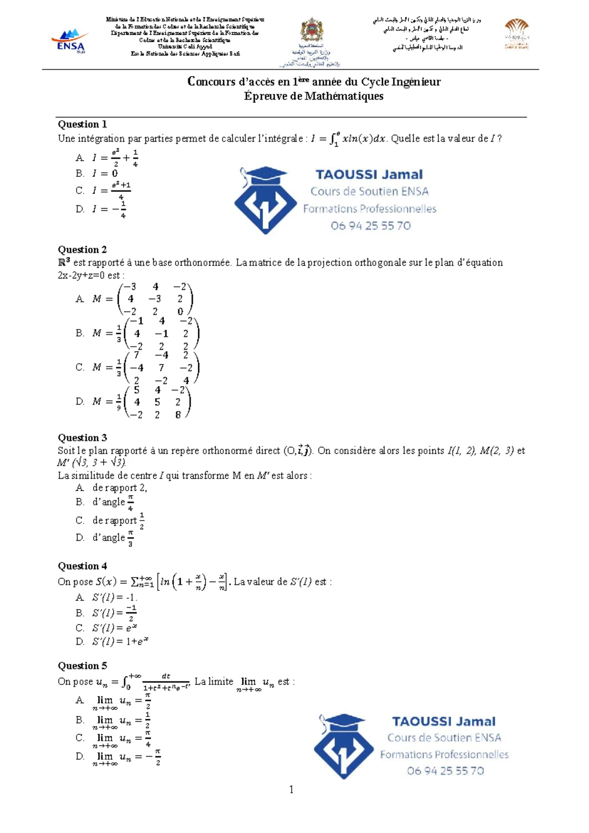 Exemple Concours Math ENSA 2023 - Questions et Solutions - Studocu
