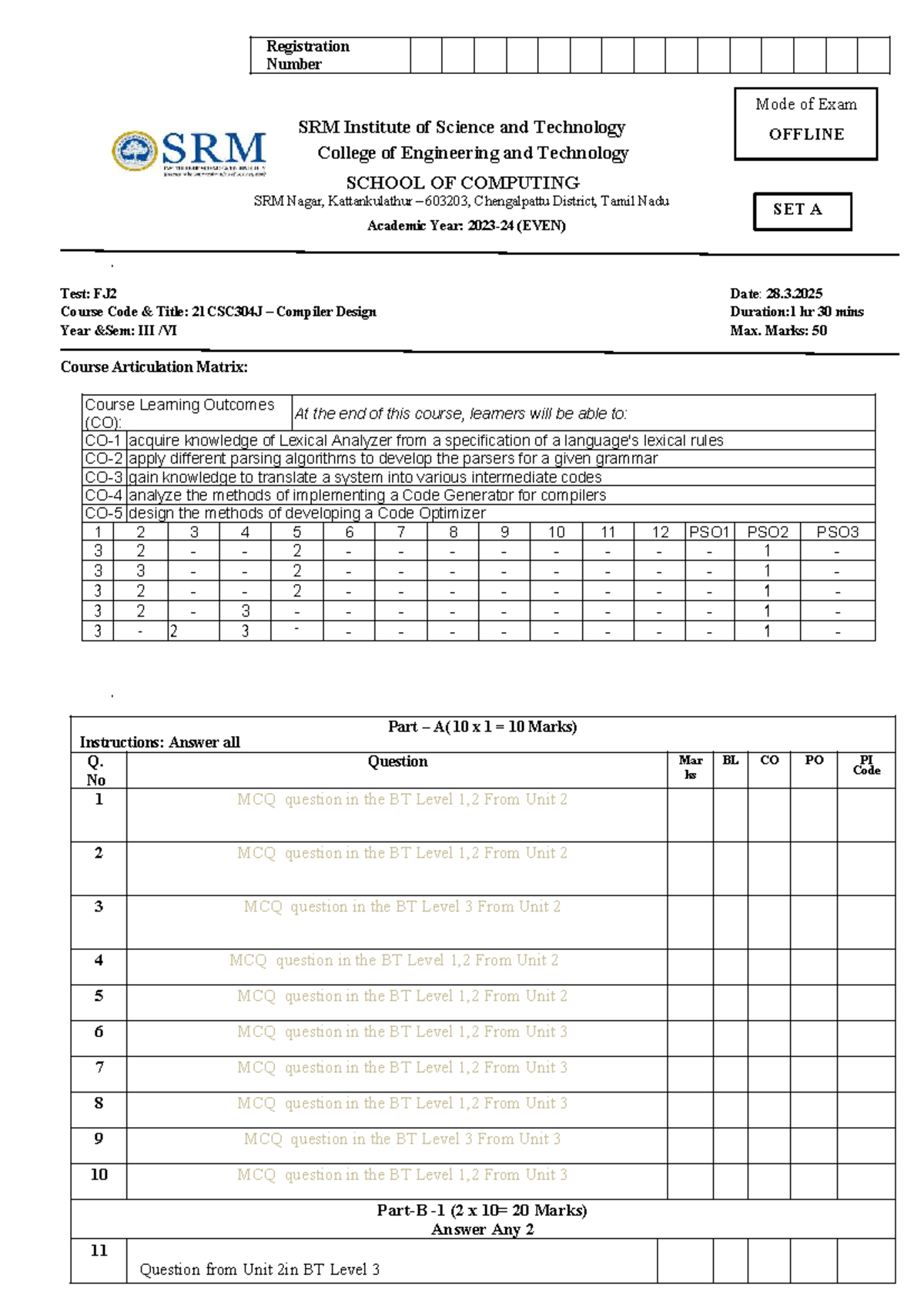 21CSC304J Compiler Design Offline Exam Question Paper - FJ2 - Studocu