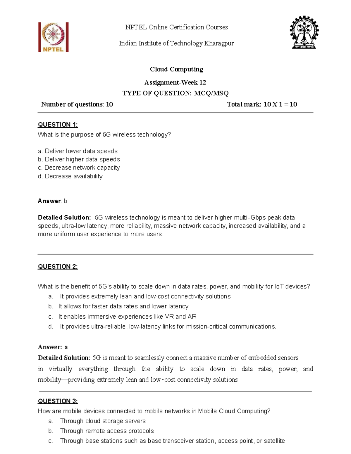 Cloud Computing CC Assignment Week 12 - MCQs and Solutions - Studocu