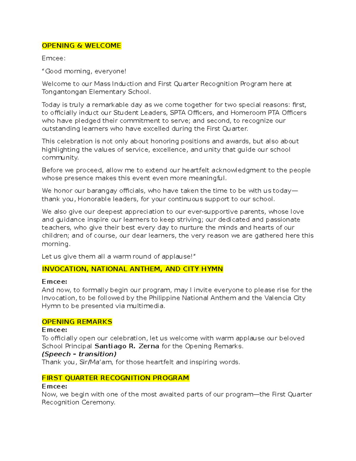Mass Induction & 1st Quarter Recognition Program Script - Studocu