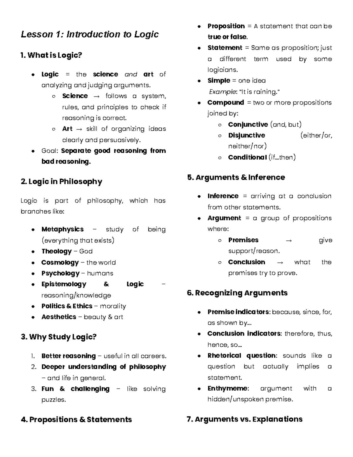 Lesson 1: Intro to Logic - Key Concepts and Arguments - Studocu