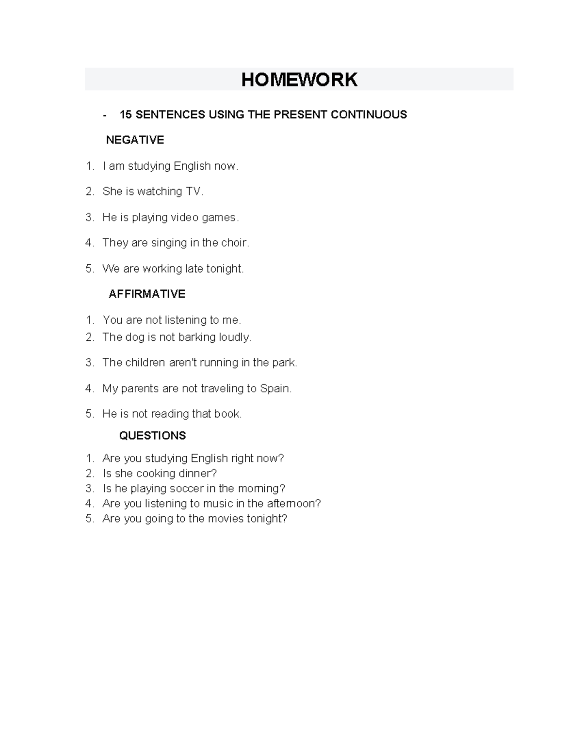 Homework: 15 Sentences in Present Continuous (Negative & Questions ...