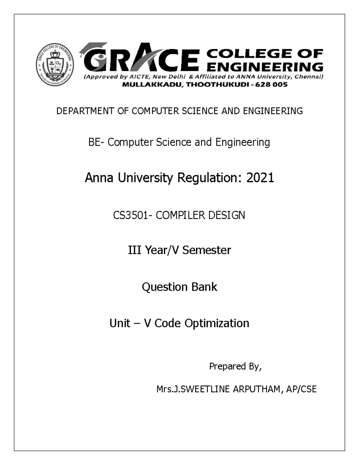 CS3501 Compiler Design Unit 5 Question Bank on Code Optimization - Studocu