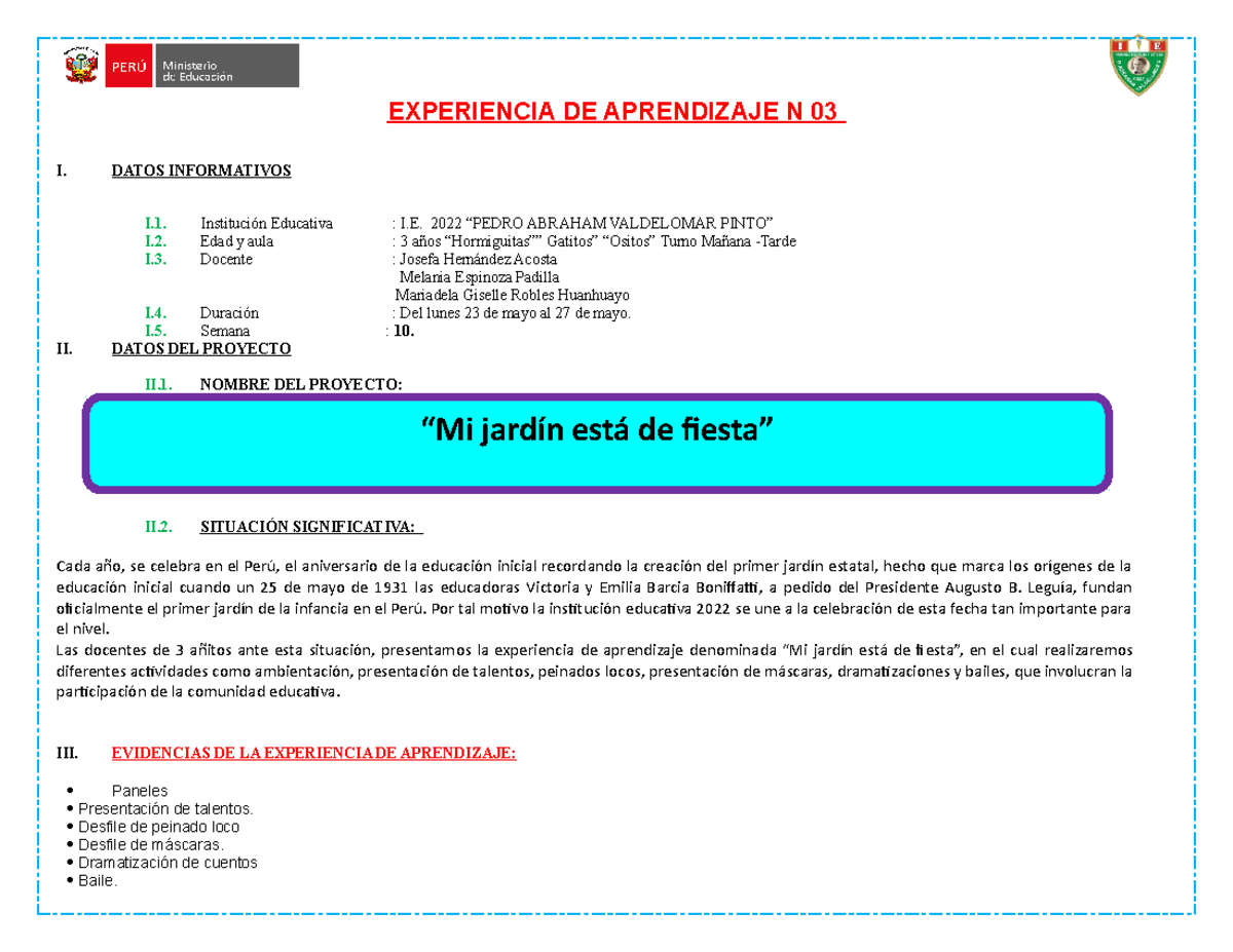 Experiencia de Aprendizaje: Fiesta del Jardín 3A - Educ. Inicial - Studocu