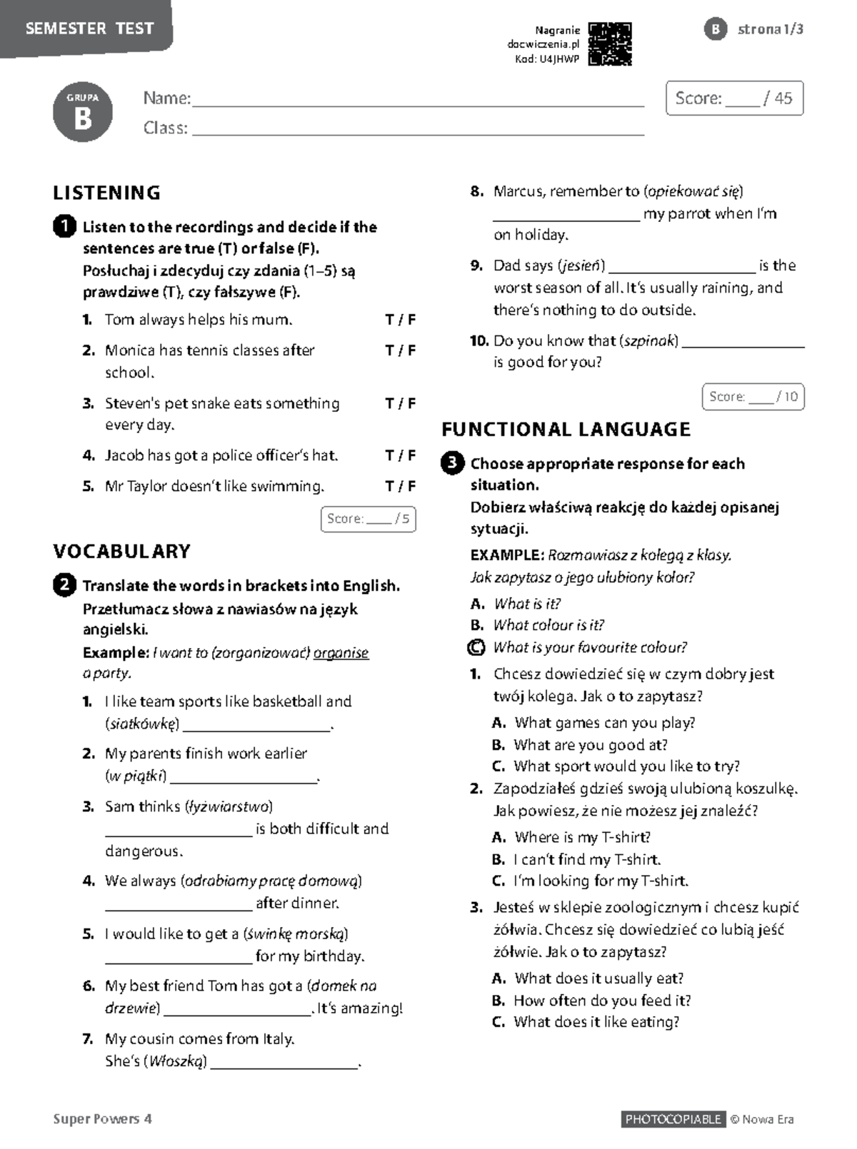 Super Powers 4 Semester Test B: Listening, Vocabulary, Grammar, and ...