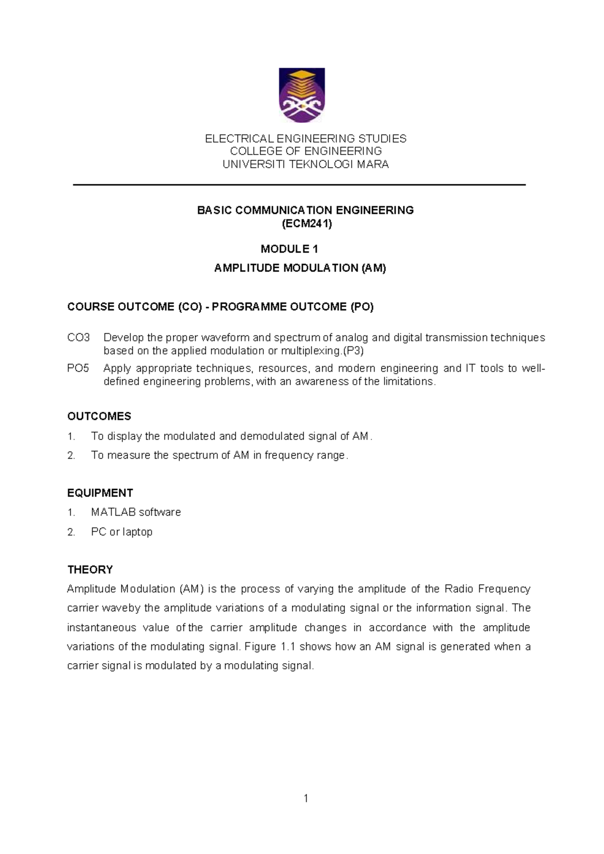 ECM241 Basic Communication Engineering: Amplitude Modulation Overview ...