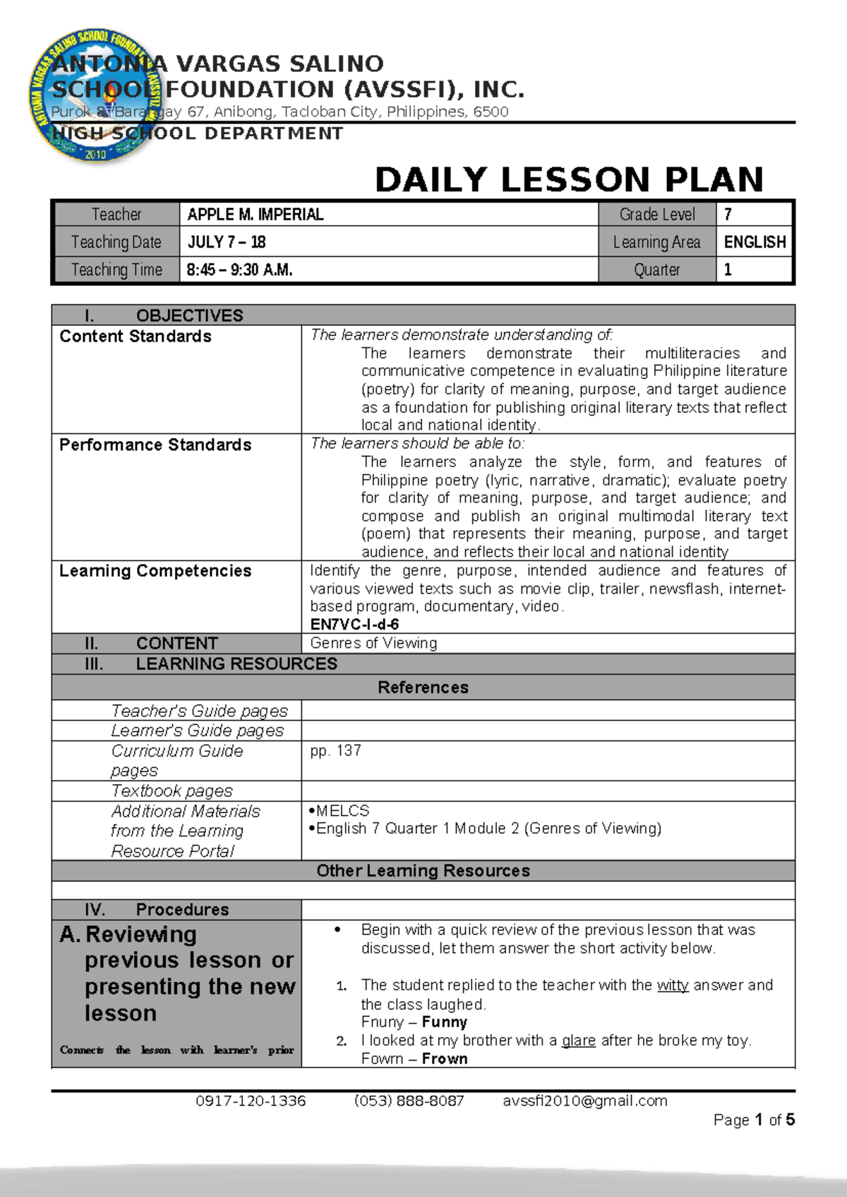 DLP-ENG 7-Q1-W2: Sample Daily Lesson Plan for Grade 7 English - Studocu