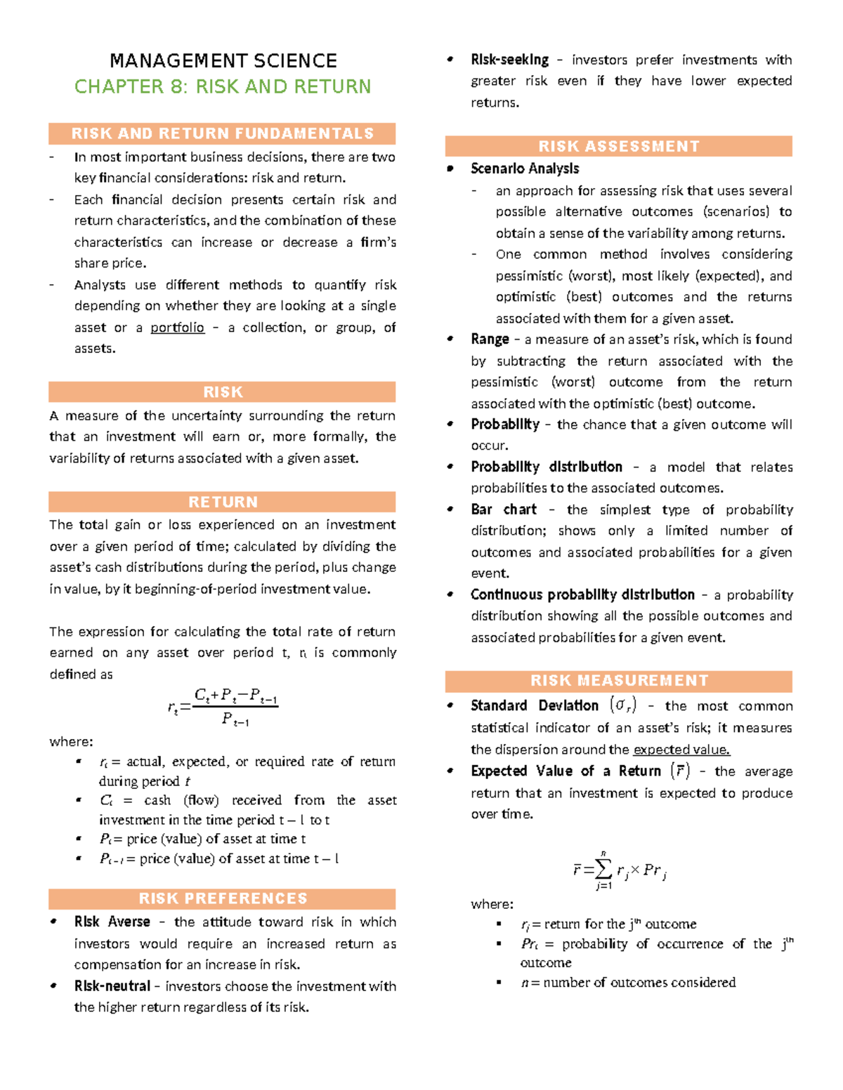 Chapter 8 - Risk and Return - MANAGEMENT SCIENCE CHAPTER 8: RISK AND ...
