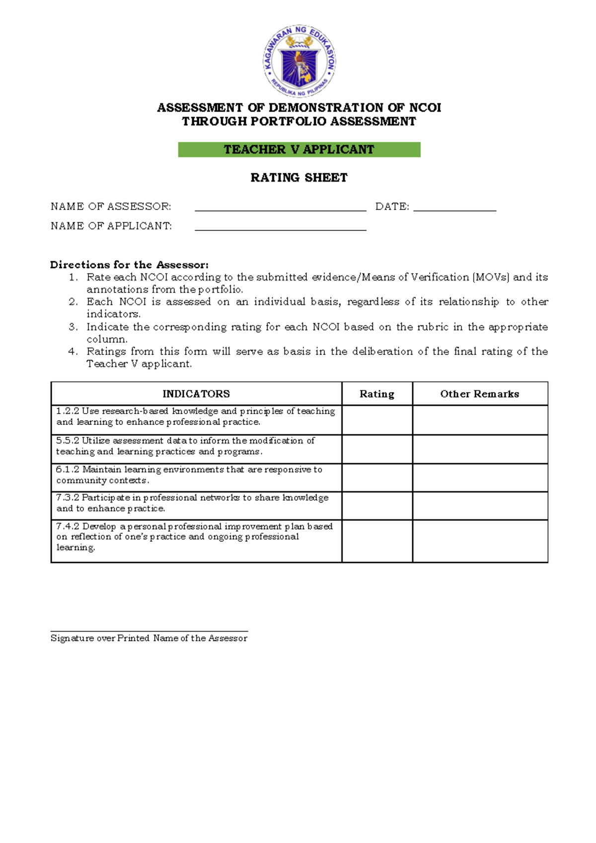 NCOI Teacher V Applicant Rating Sheet for Portfolio Assessment - Studocu