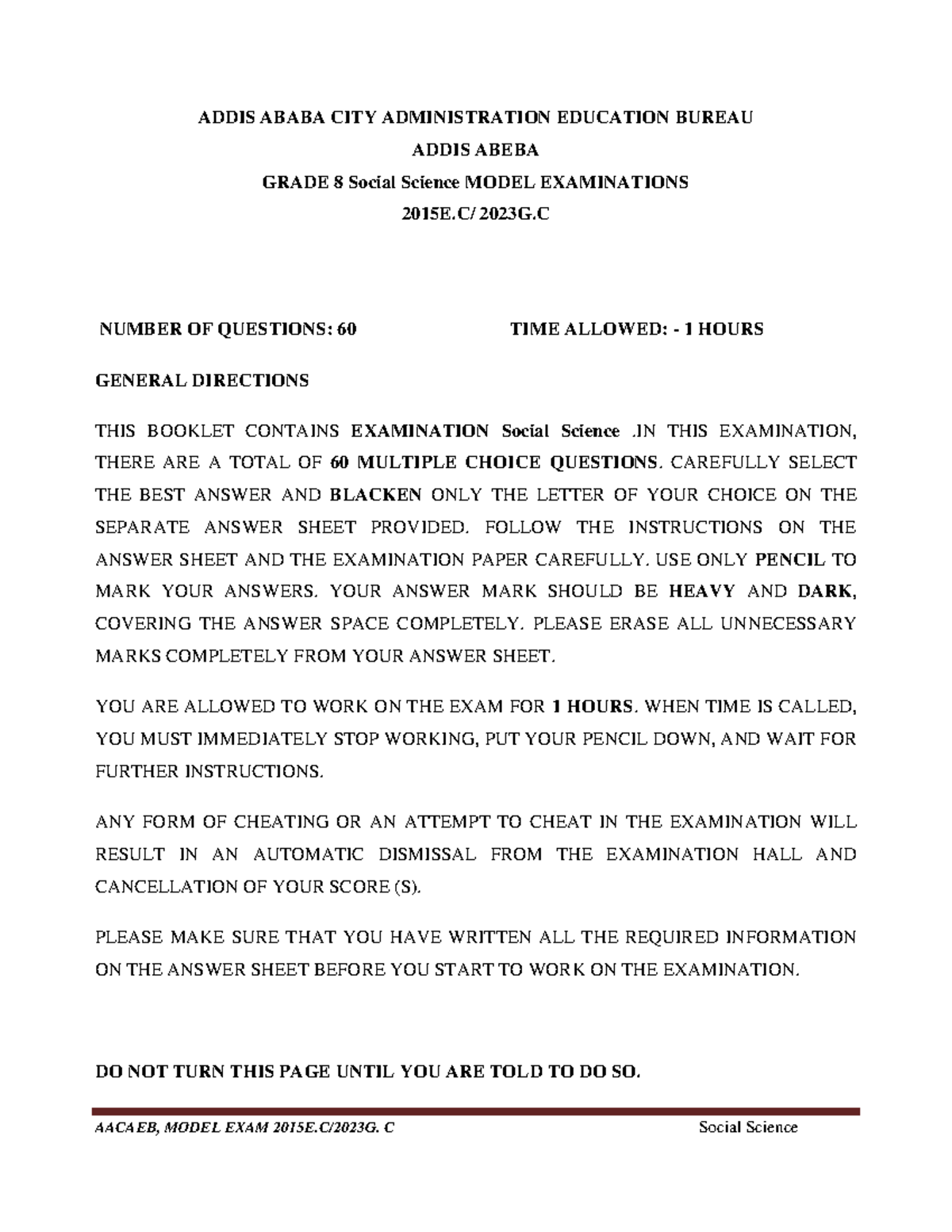 Grade 8 Social Science Model Exam Paper - 2015 E.C. - Studocu