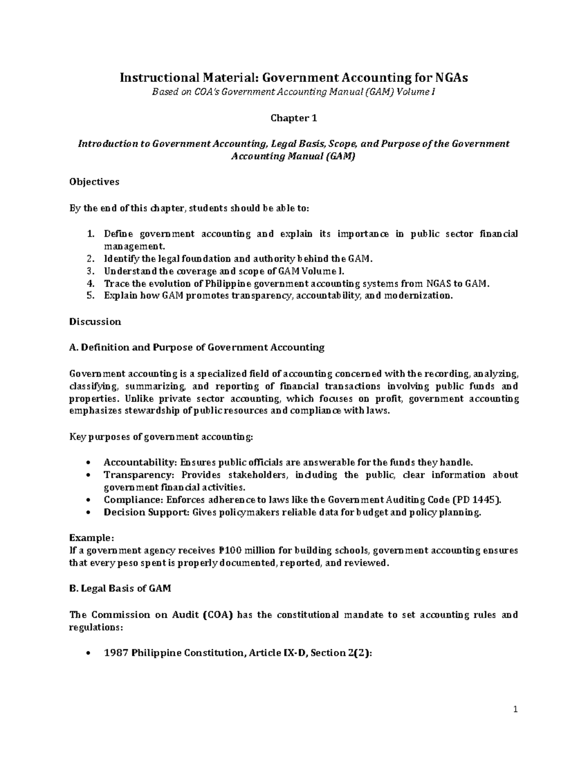 Government Accounting Instructional Material: GAM Volume I Overview ...