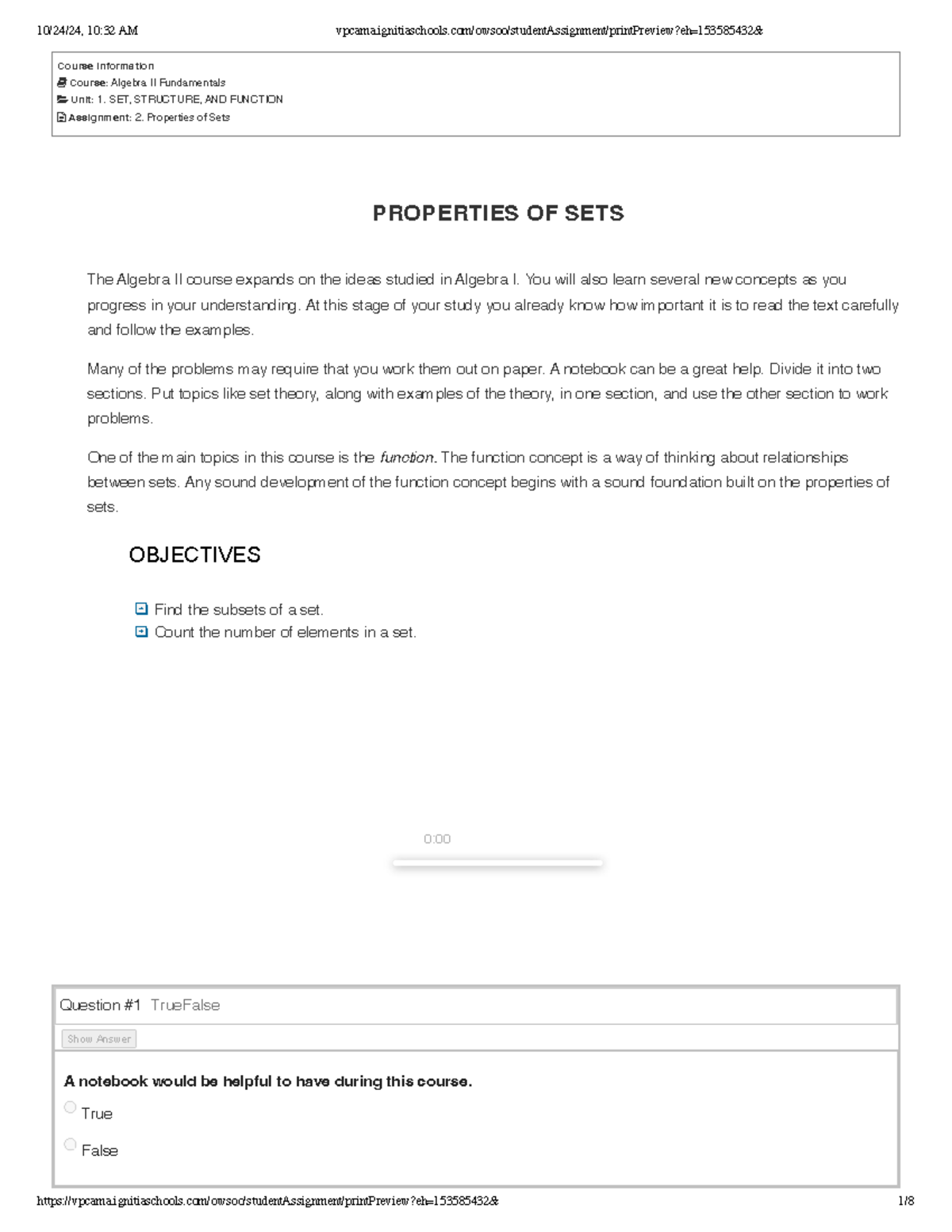 Properties of Sets - Algebra II Fundamentals (Unit 1 Assignment ...