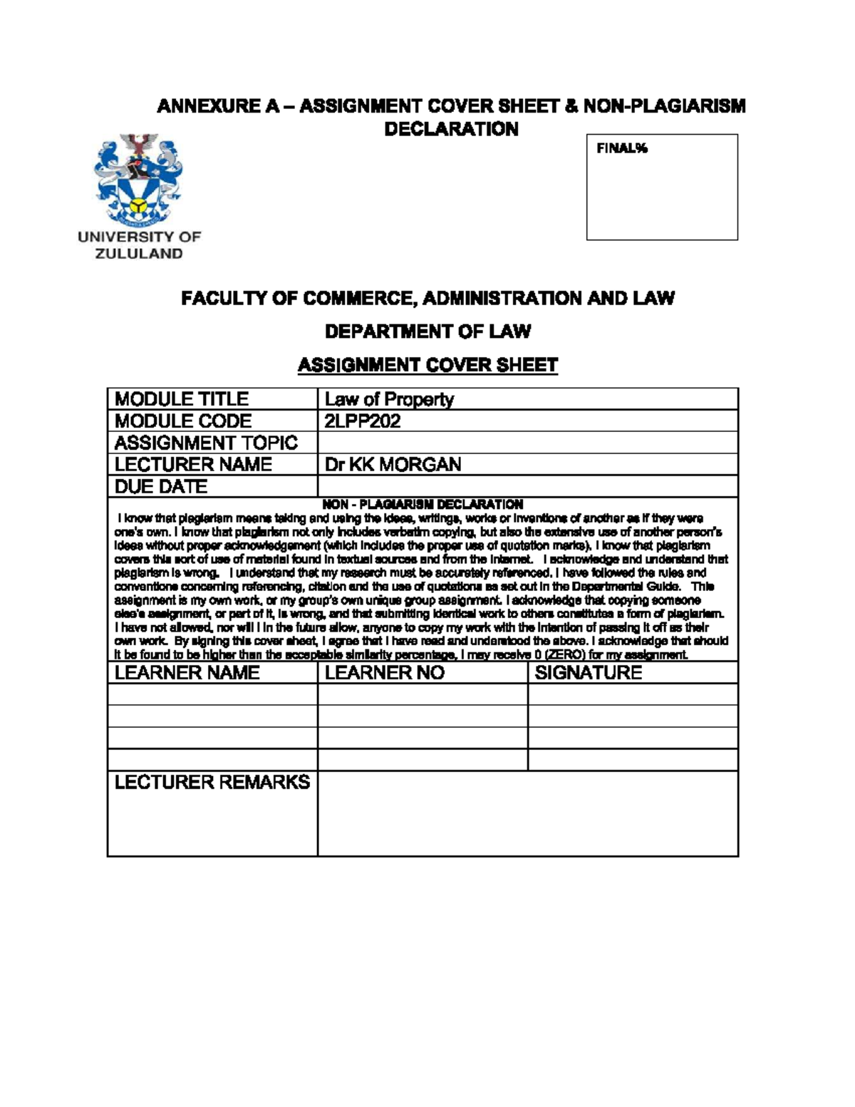 Law of Property Assignment Cover Sheet 2LPP202 - Studocu