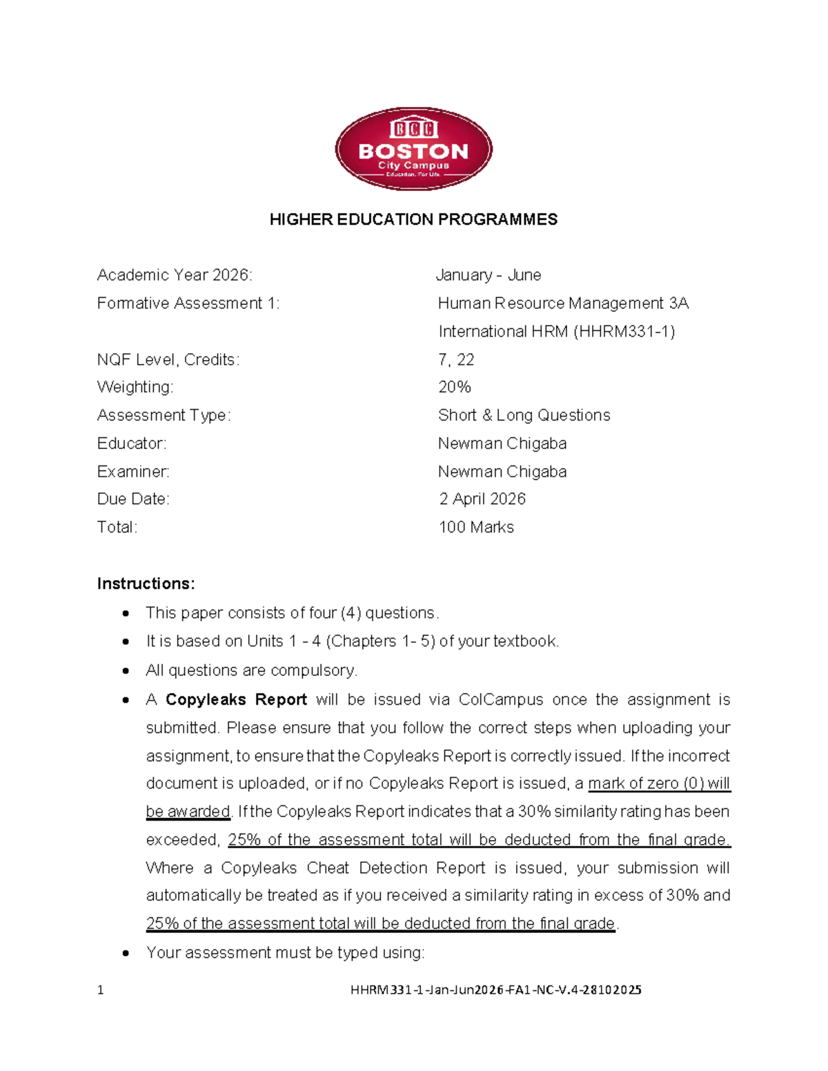 HHRM331-1 Jan-Jun 2026 Formative Assessment 1 - Studocu