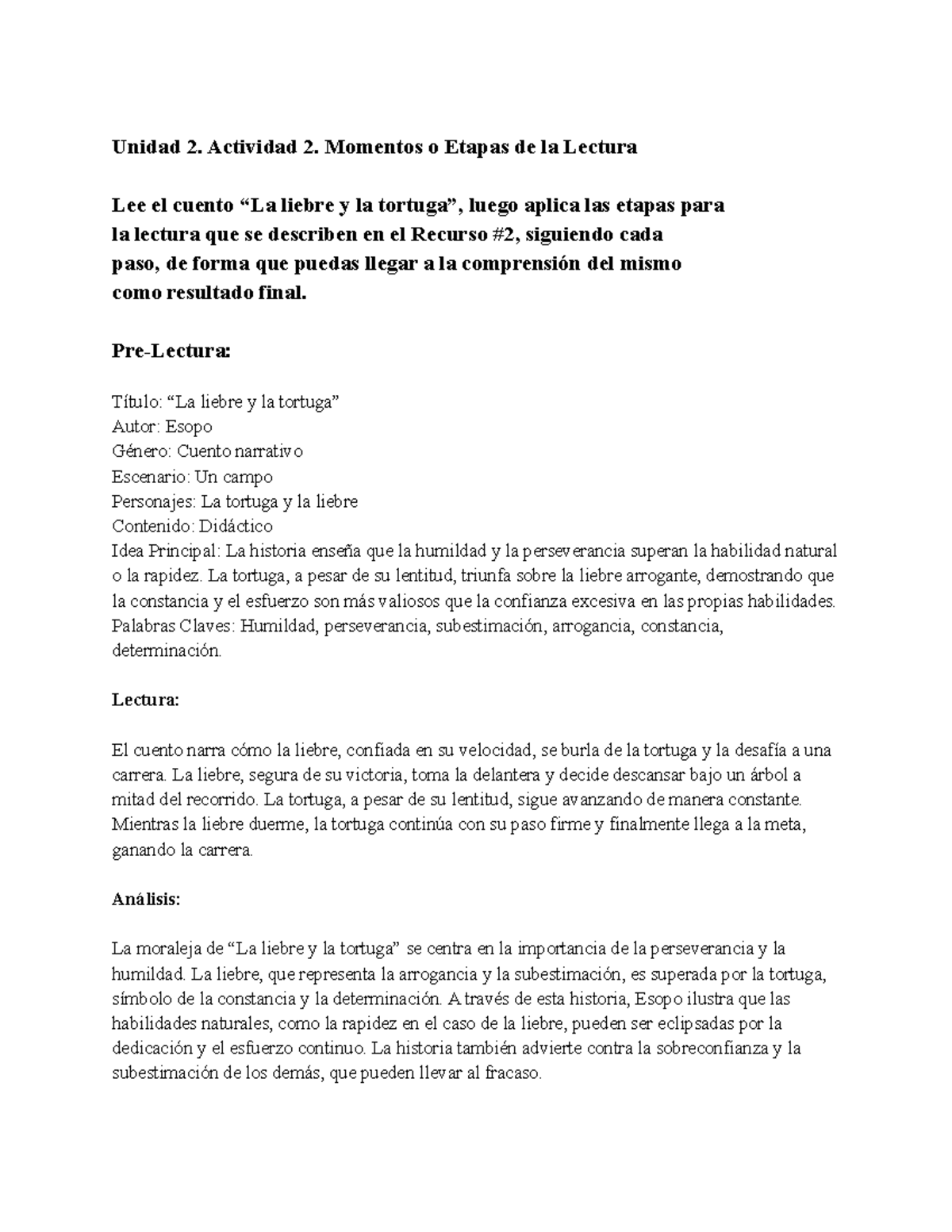 Unidad 2 Actividad 2: Análisis del Cuento "La Liebre y la Tortuga ...
