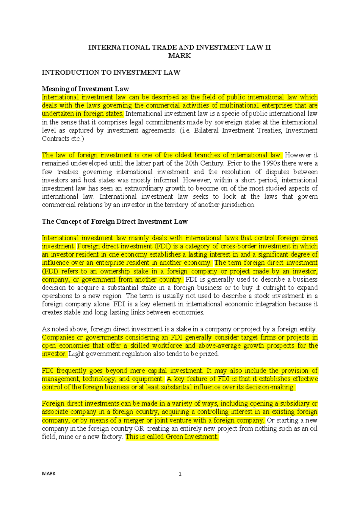 Investment Law II Notes: Understanding International Trade & FDI - Studocu