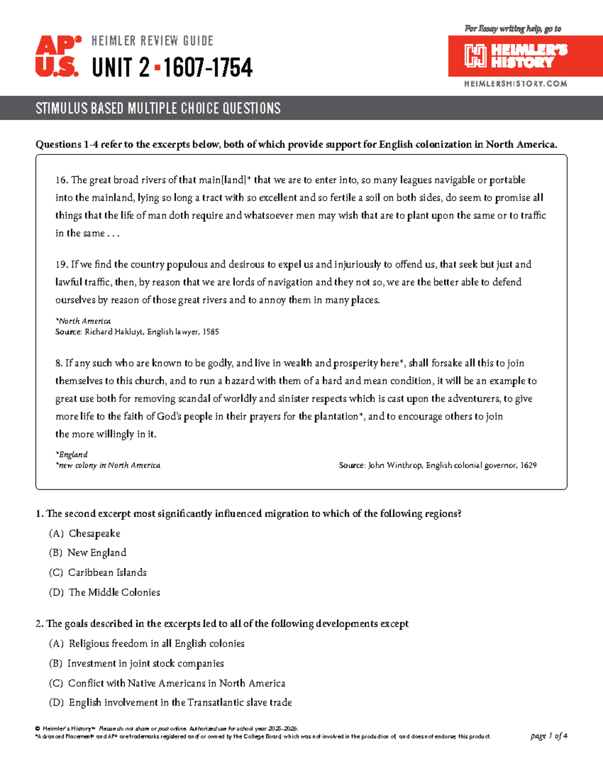 AP US HISTORY REVIEW GUIDE UNIT 2: STIMULUS-BASED MCQs - Studocu