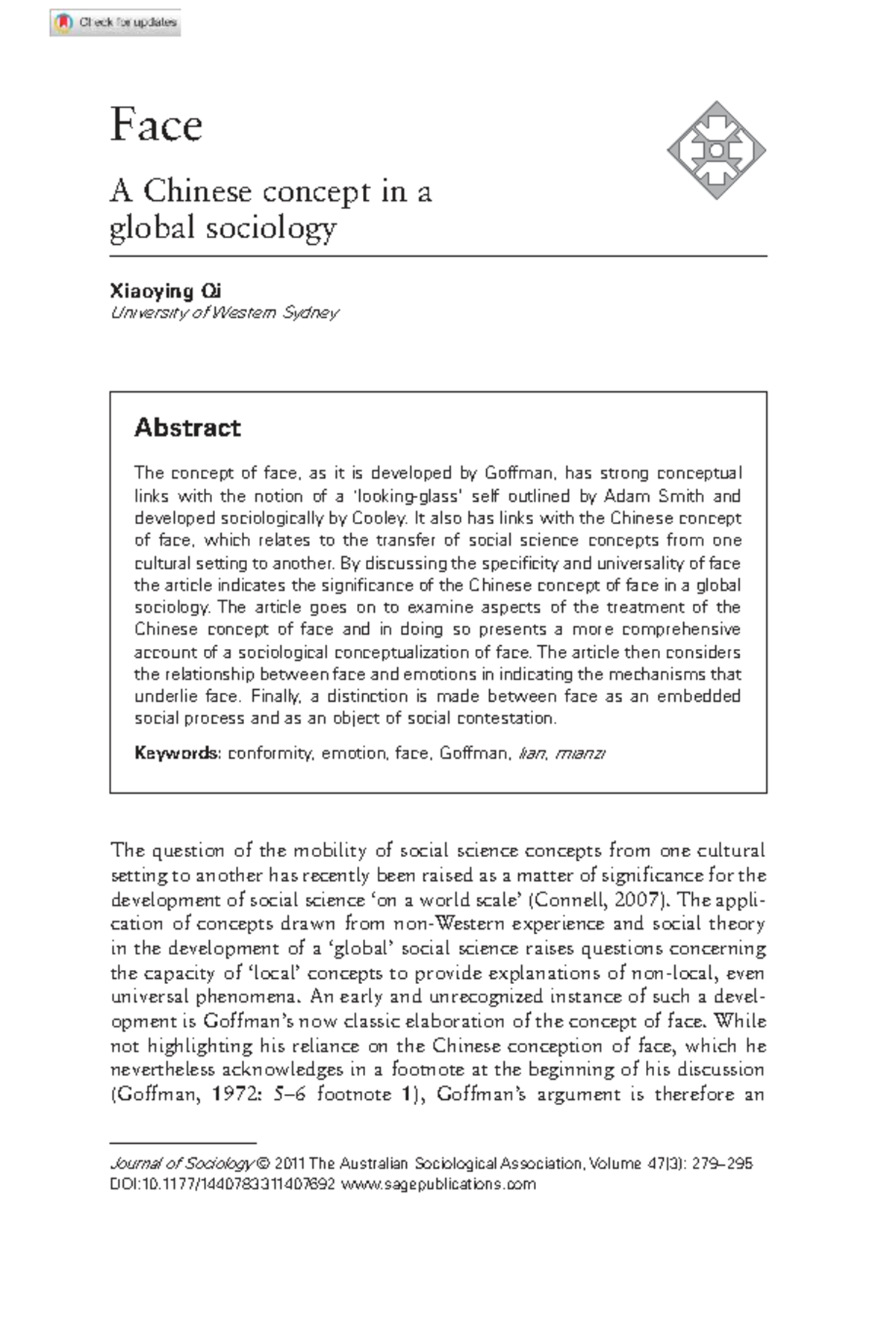 Sociology 101: Face as a Chinese Concept in Global Context - Studocu