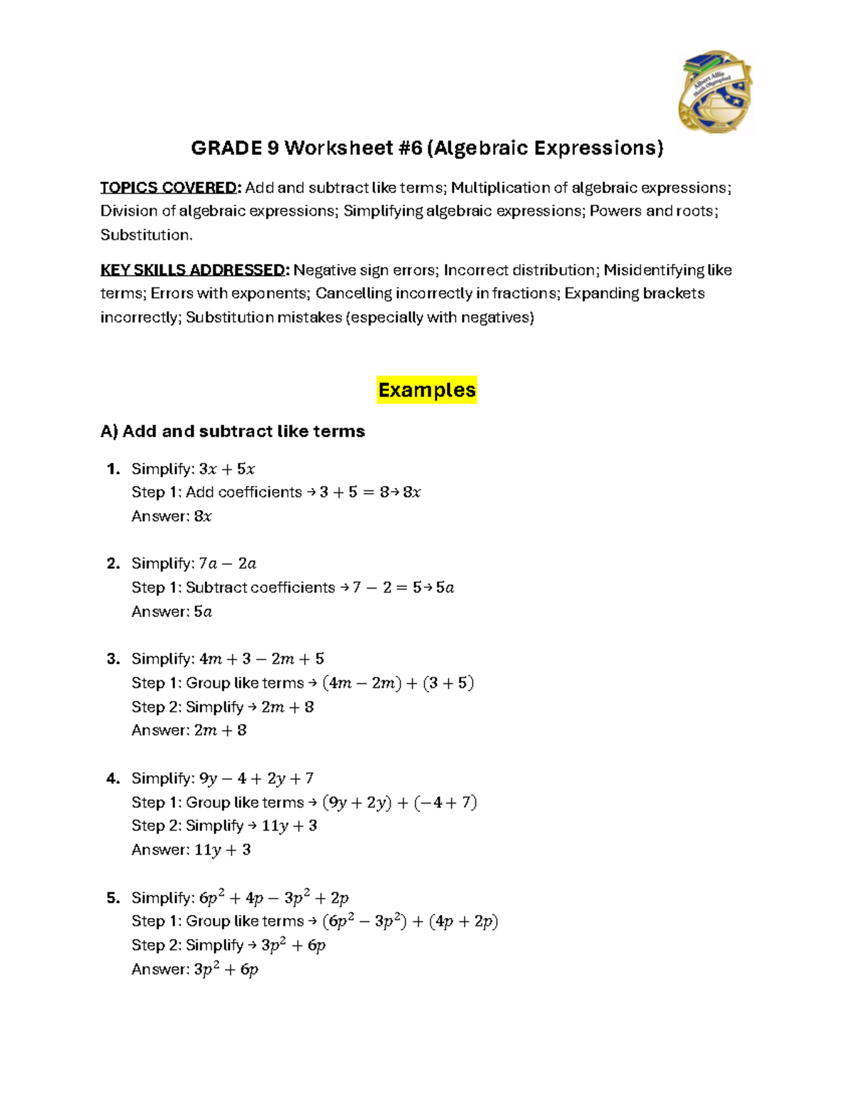 Grade 9 Worksheet #6: Algebraic Expressions Practice and Solutions ...