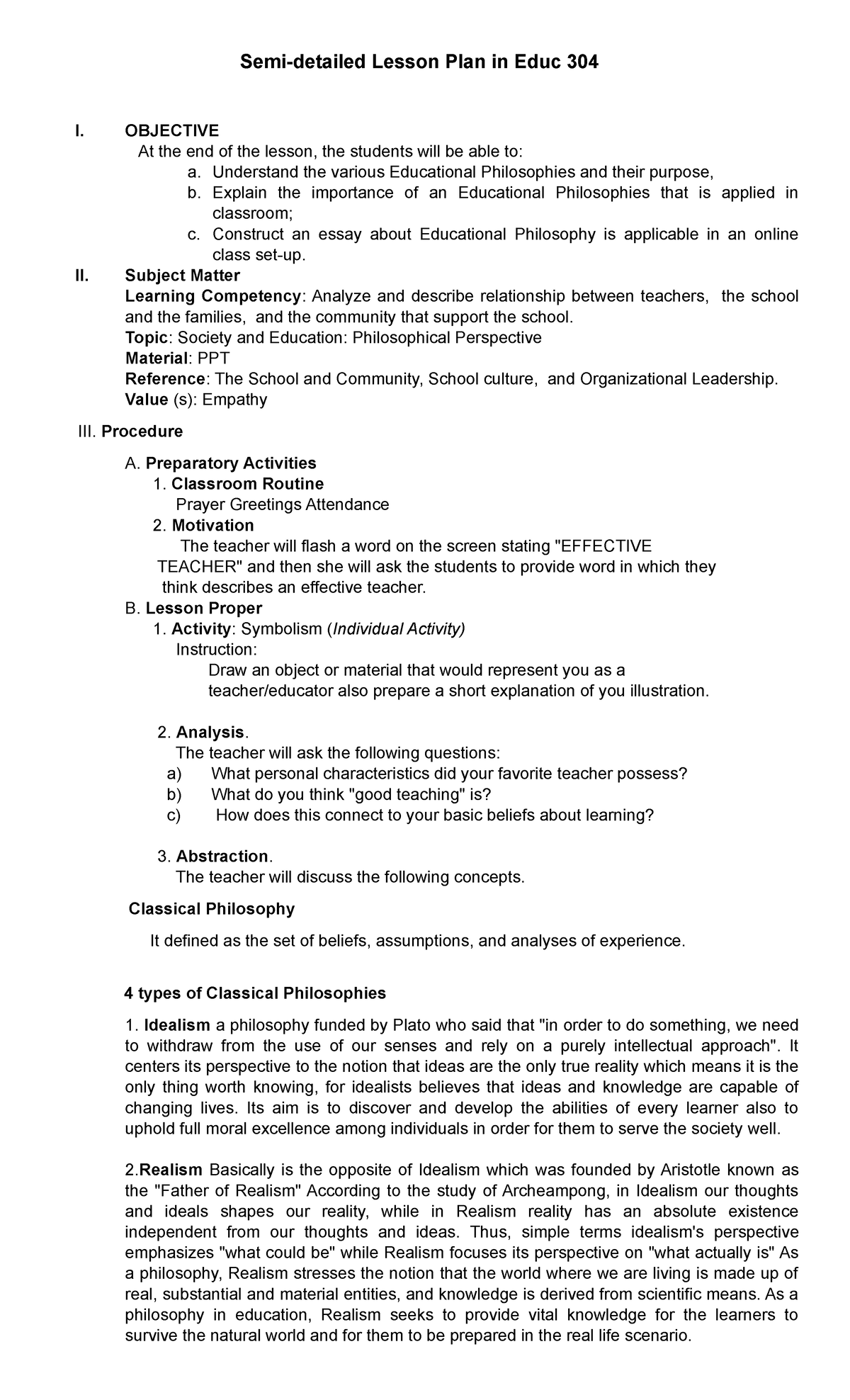 Semi-Detailed Lesson Plan: Educational Philosophies (Educ 304) - Studocu