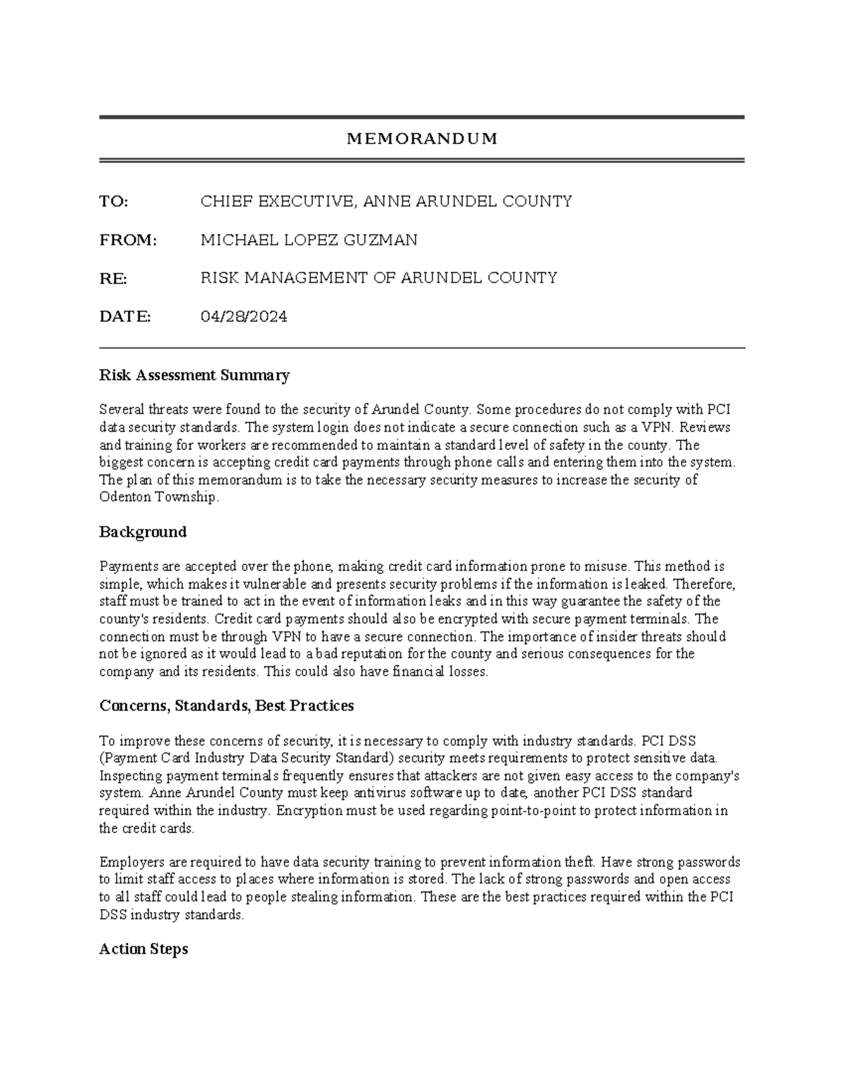 IFSM201 Memo on Risk Management & Security Standards for Arundel County ...