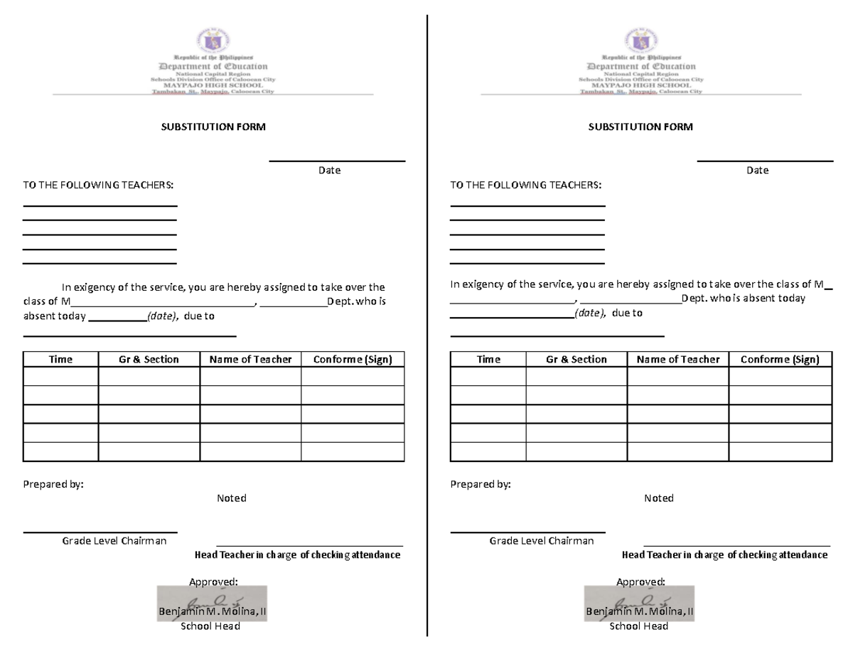 Substituion-FORM - substitution form - SUBSTITUTION FORM SUBSTITUTION ...