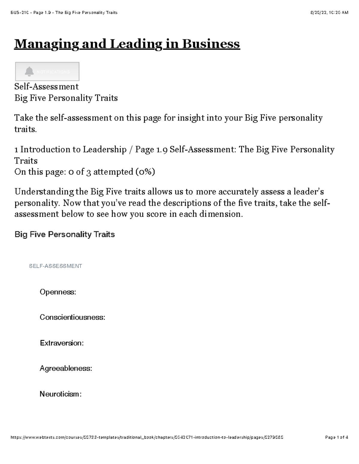 BUS-210 - Self-Assessment of the Big Five Personality Traits - Studocu